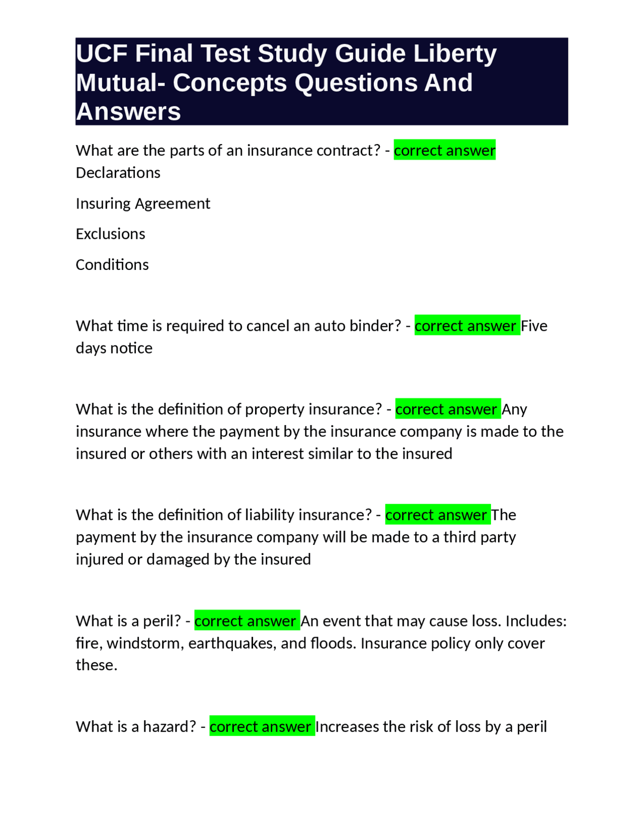 UCF Insurance Study Guide: Concepts and Answers | Exams Insurance ...
