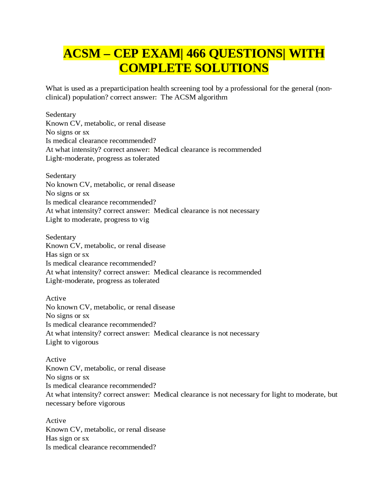 ACSM – CEP EXAM 466 QUESTIONS WITH COMPLETE SOLUTIONS | Exams Nursing ...