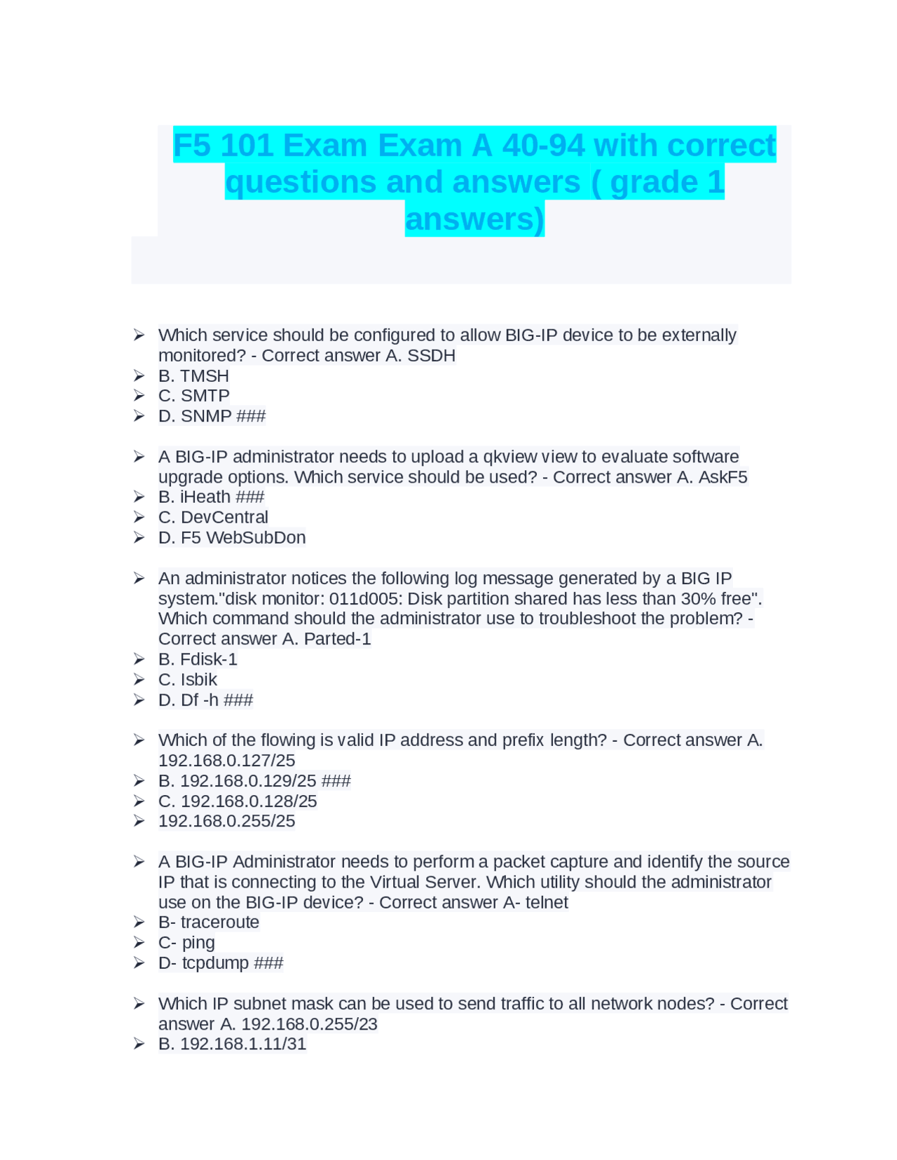 F5 101 Exam Exam A 40-94 with correct questions and answers ( grade 1 answers) | Exams Software ...