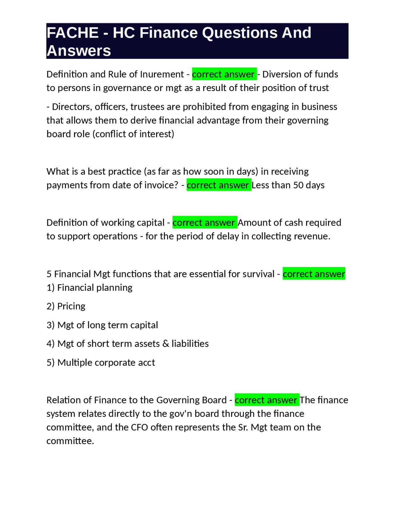 FACHE HC Finance: Important Questions and Answers | Exams Social ...