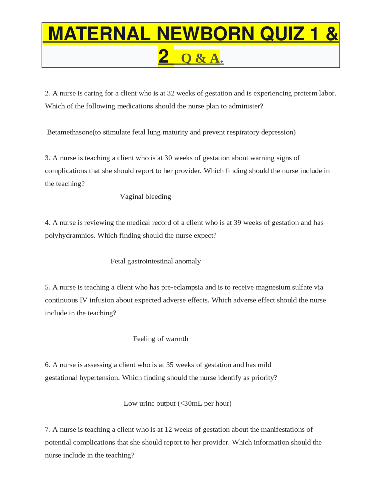 Maternal and Newborn Nursing Quiz: Identifying Priorities and ...