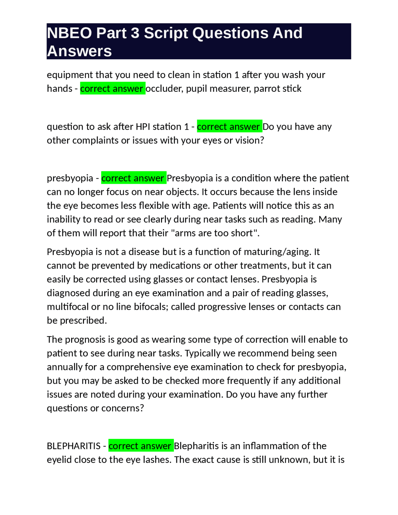 NBEO Part 3 Script Questions And Answers | Exams Medicine | Docsity