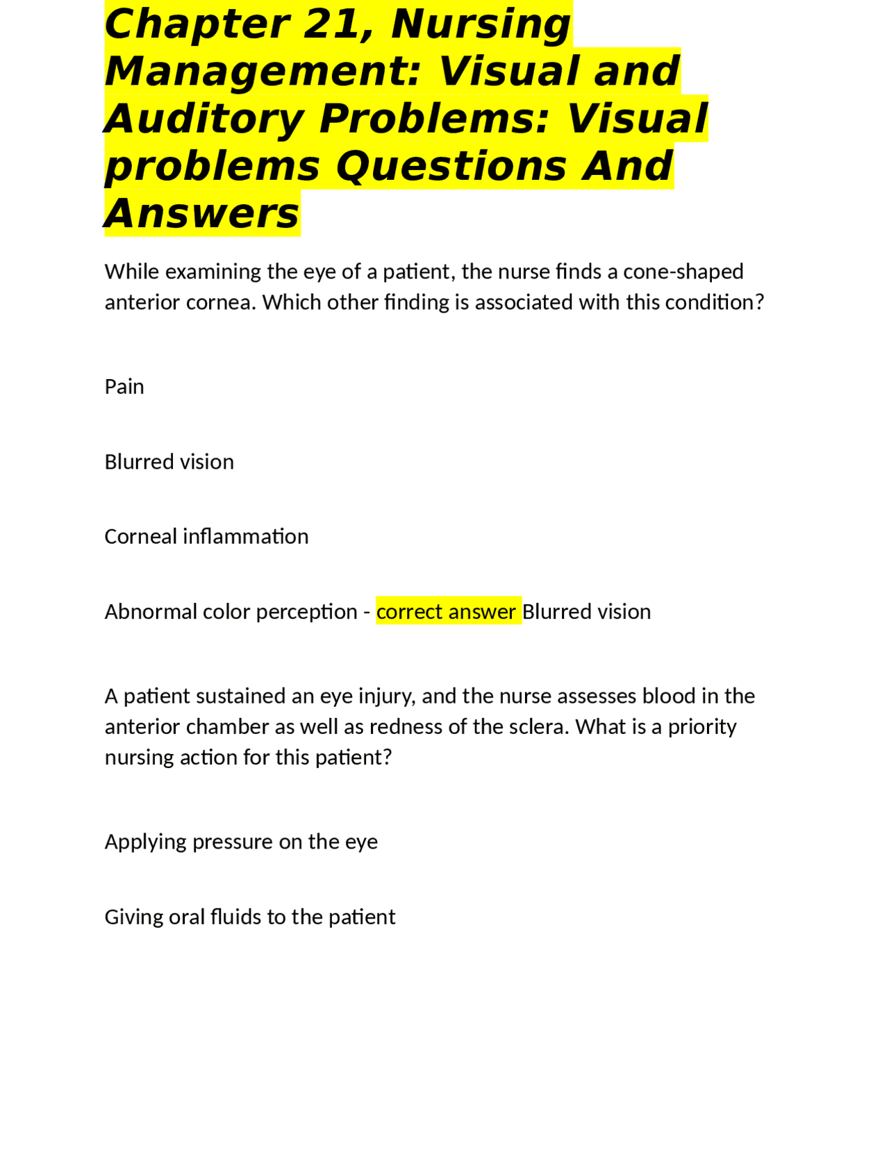 Chapter 21, Nursing Management: Visual and Auditory Problems: Visual ...