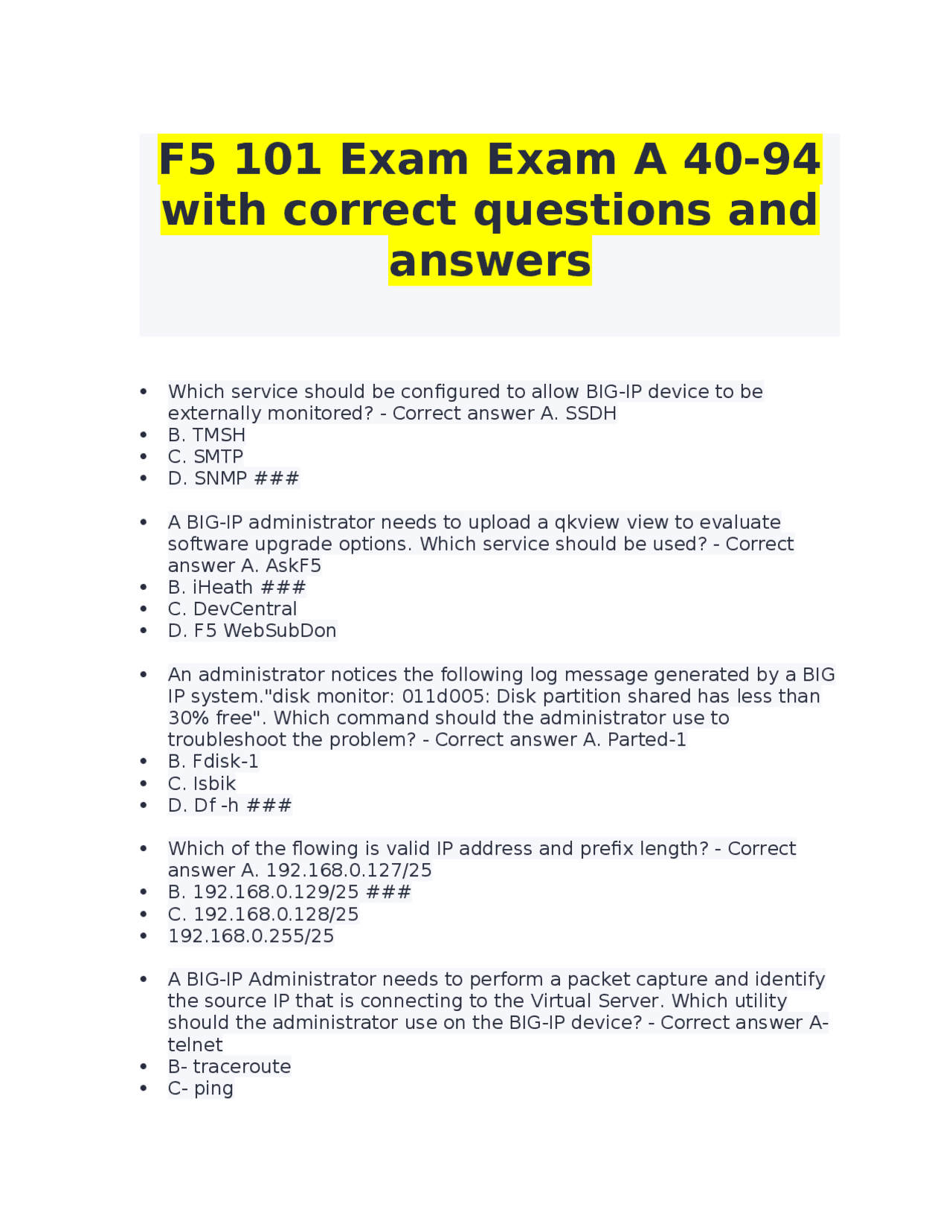 F5 101 Exam Exam A 40-94: Questions and Answers | Exams Software Engineering | Docsity