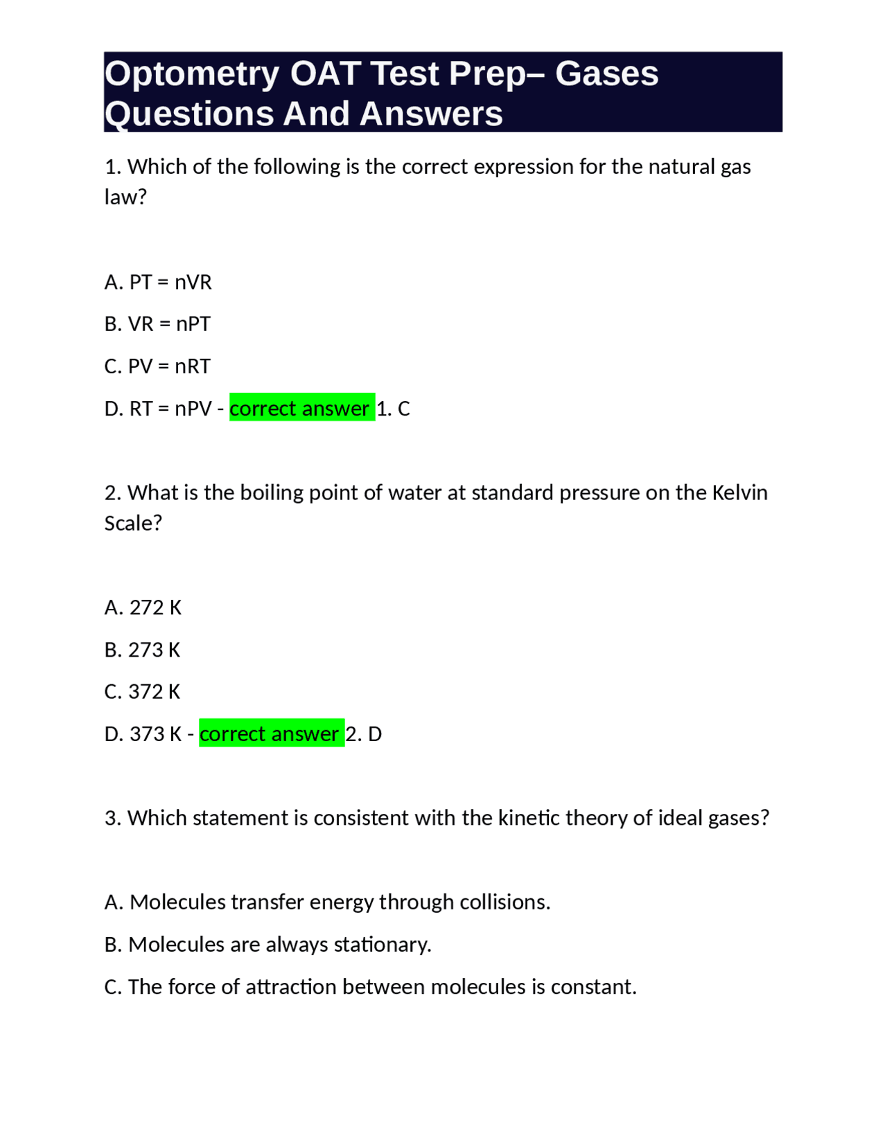Optometry OAT Test Prep: Gases - Questions and Answers | Exams ...