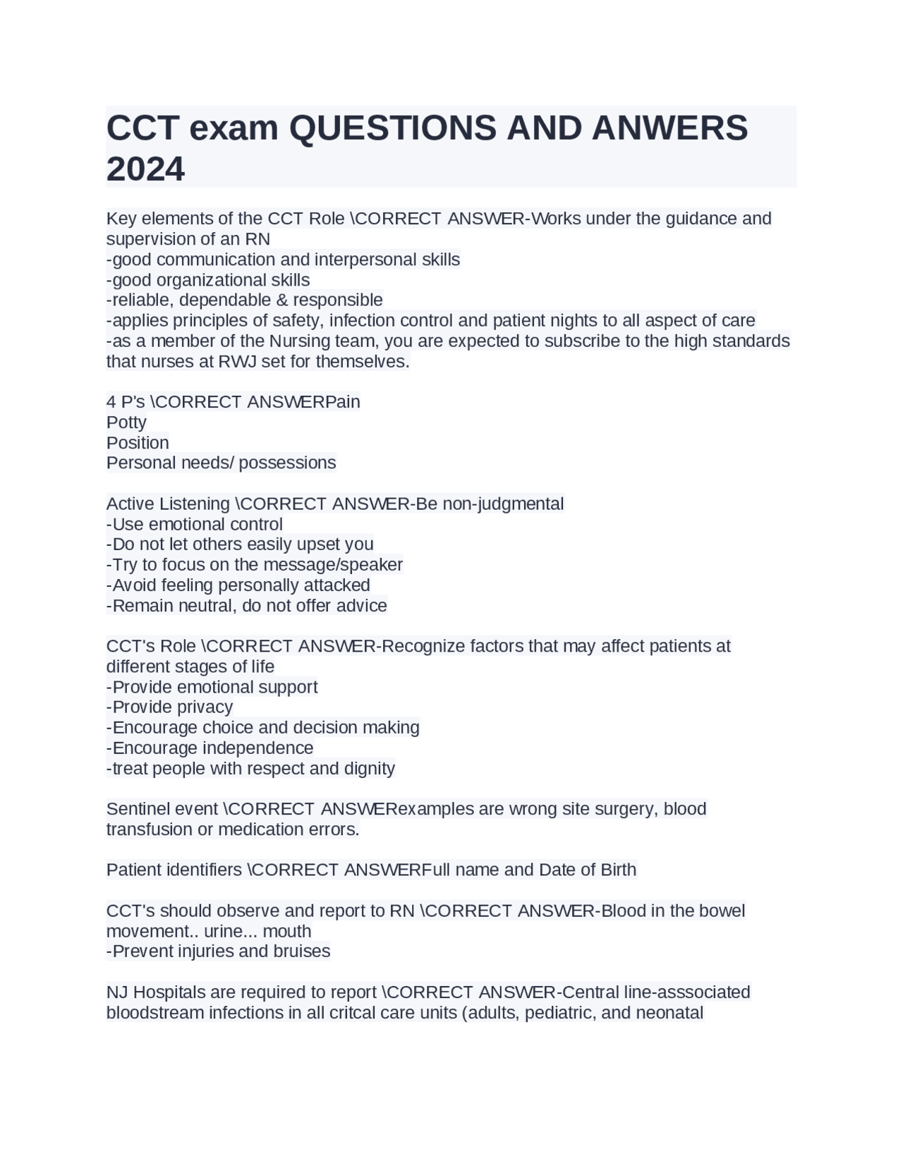 CCT Exam Questions and Answers: Nursing Care and Safety | Exams Nursing | Docsity