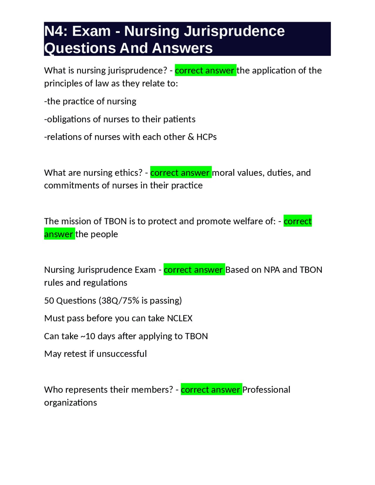 N4: Exam - Nursing Jurisprudence Questions And Answers | Exams Nursing ...