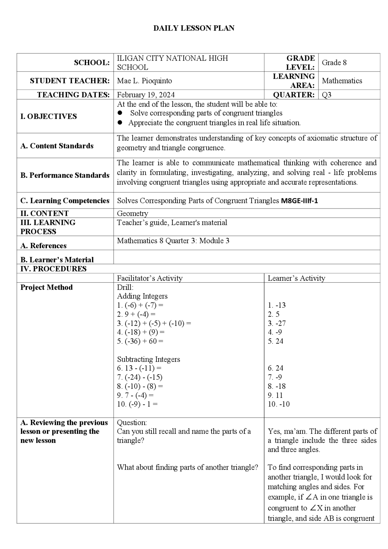 example of a lesson plan i made | Lecture notes Mathematics | Docsity