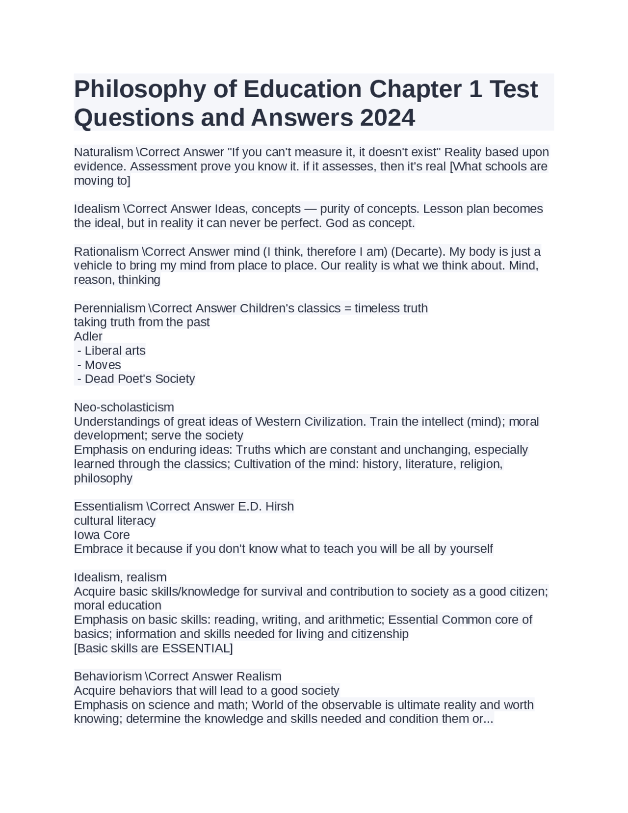 Philosophy of Education Chapter 1 Test Questions and Answers 2024 ...
