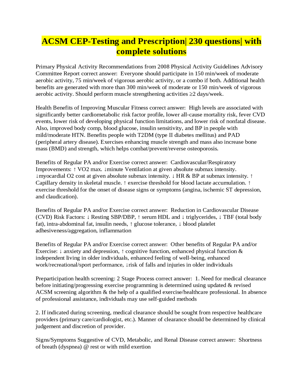 ACSM CEP-Testing and Prescription 230 questions with complete solutions ...