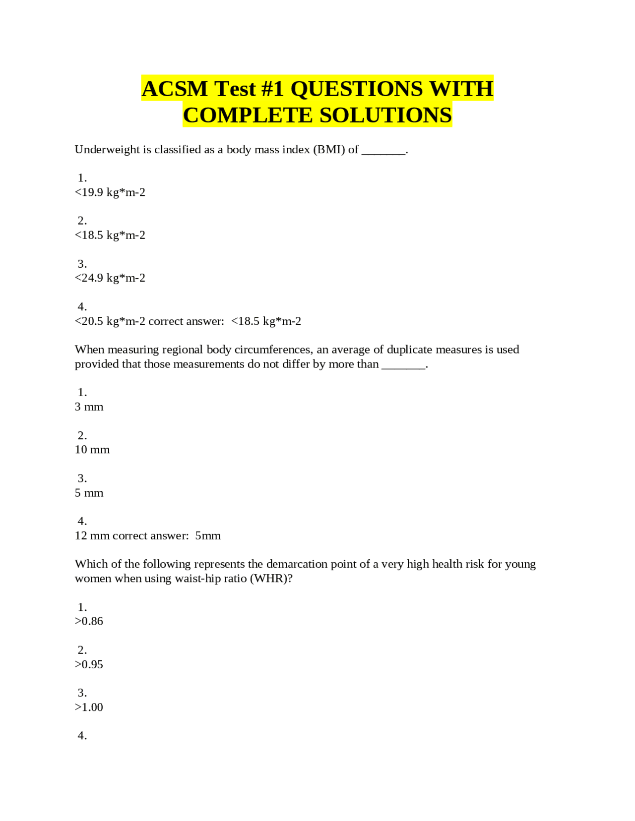 ACSM Test #1 QUESTIONS WITH COMPLETE SOLUTIONS | Exams Nursing | Docsity