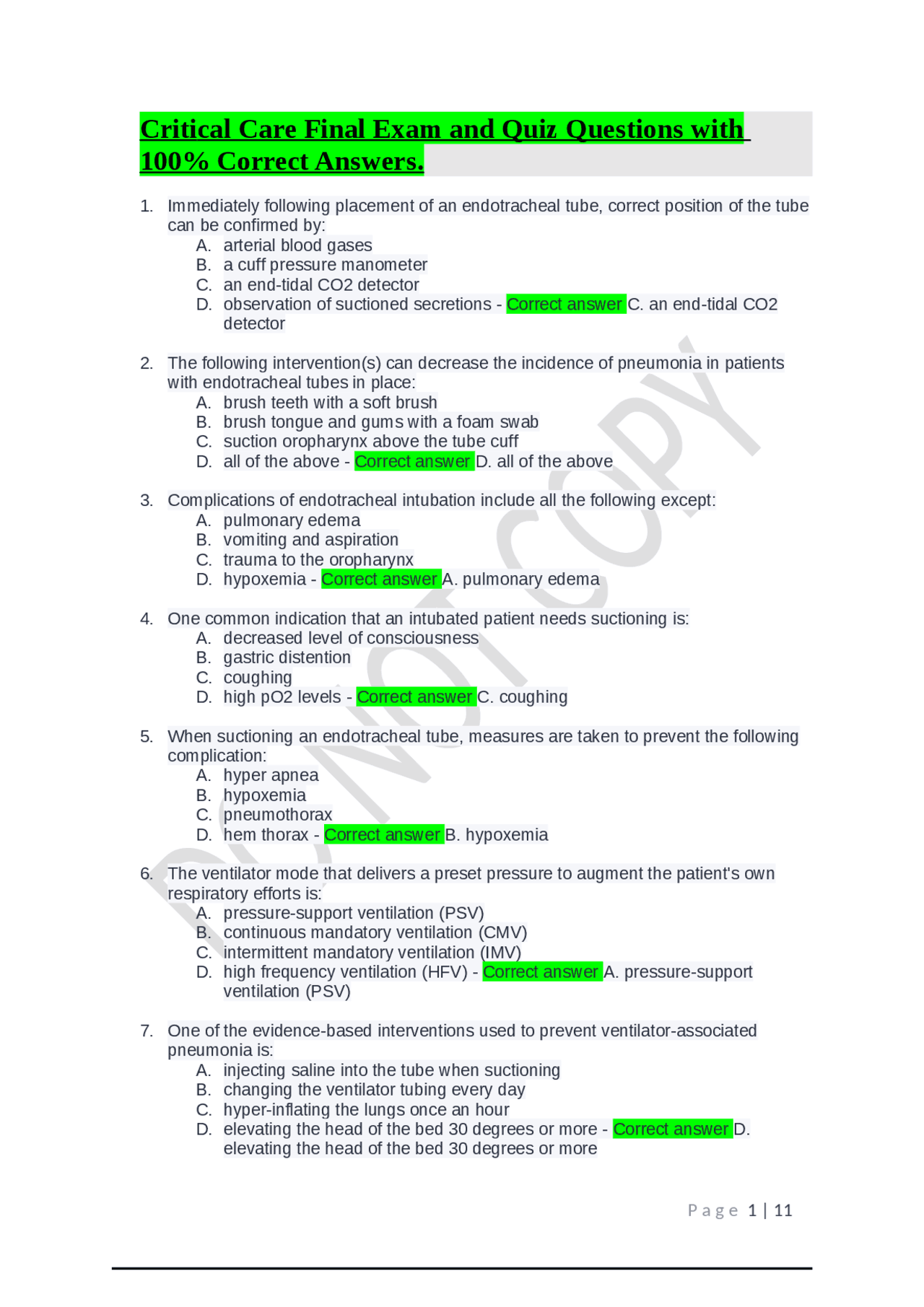 Critical Care Final Exam and Quiz Questions with 100% Correct Answers ...
