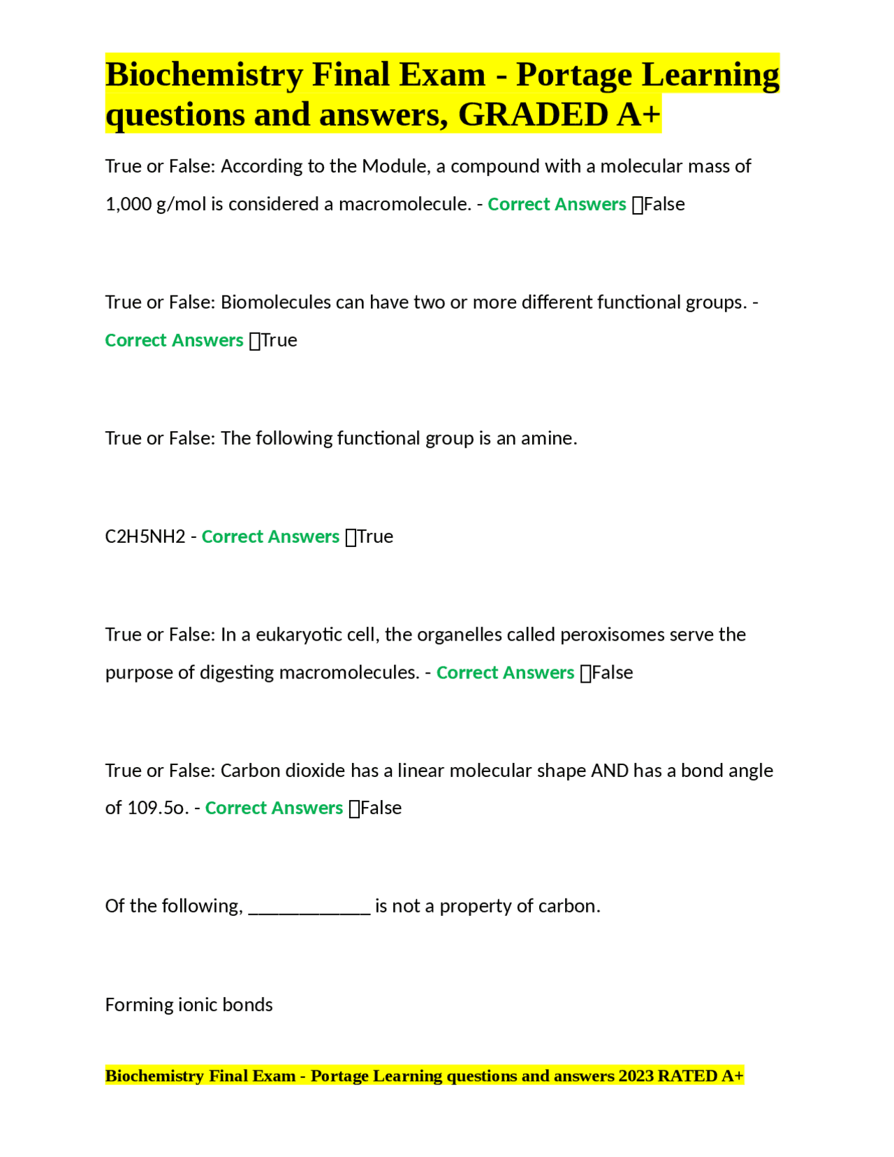 Biochemistry Final Exam - Portage Learning questions and answers ...