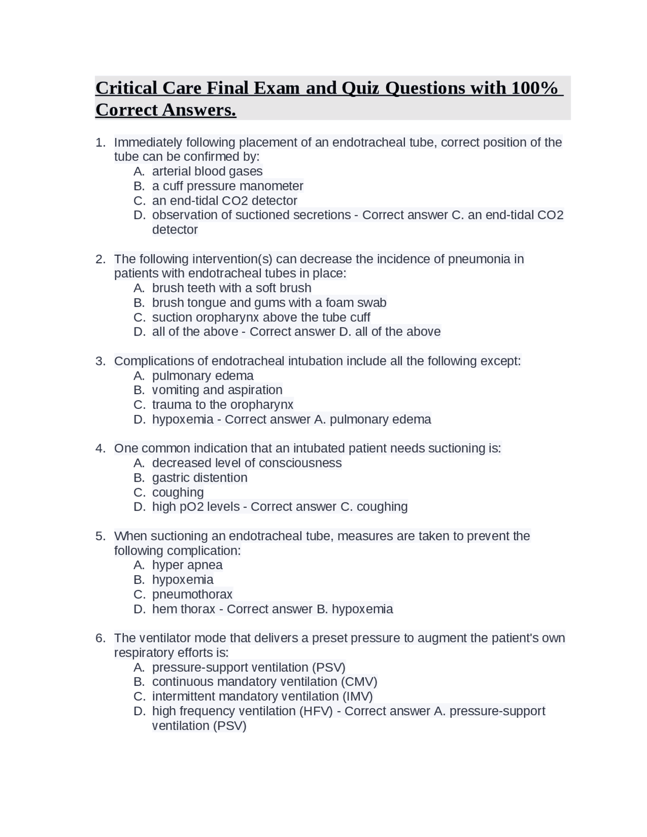 Critical Care Final Exam and Quiz Questions with 100% Correct Answers ...