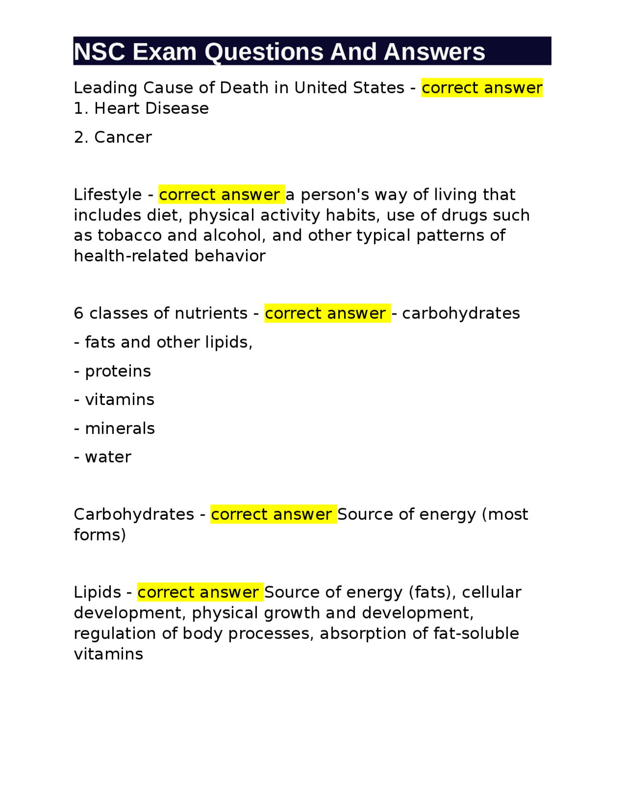 NSC Exam Questions And Answers | Exams Medicine | Docsity