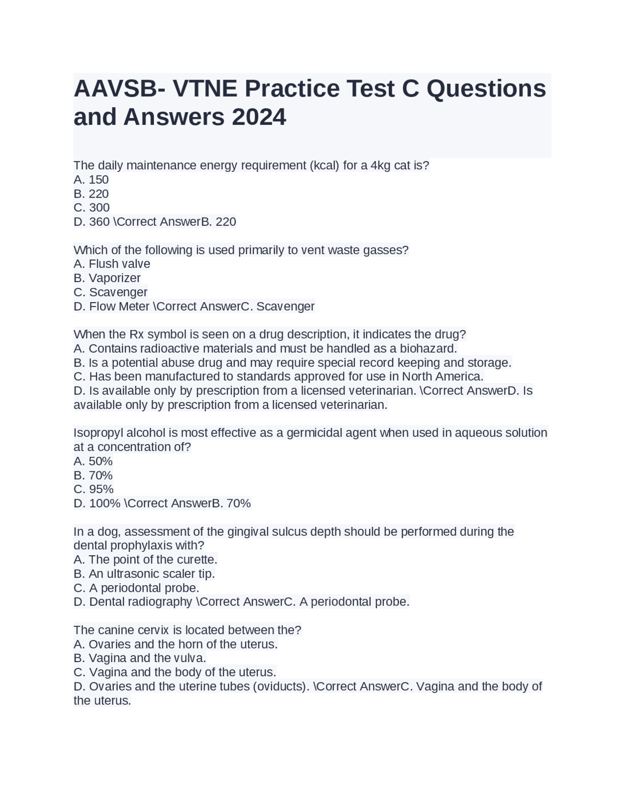 VTNE Practice Test C Questions and Answers 2024: Veterinary Technician ...