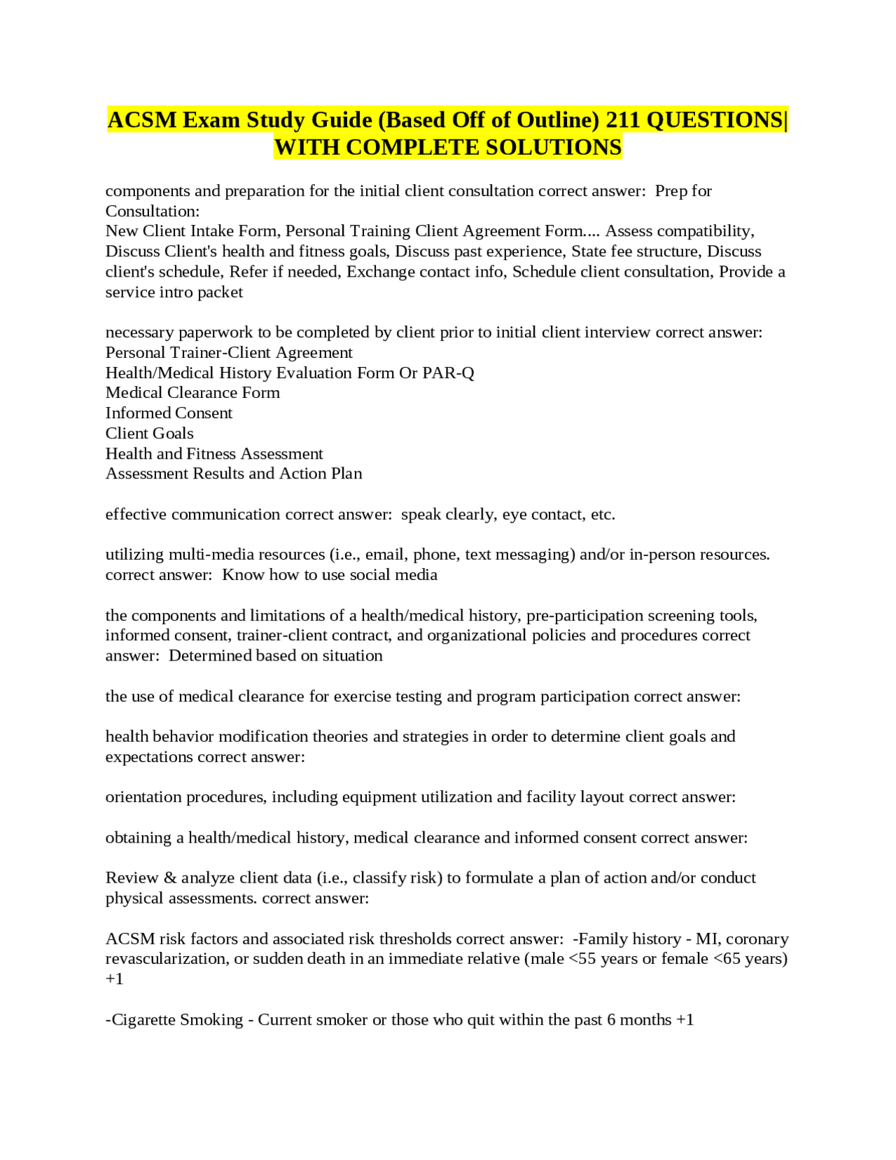 ACSM Exam Study Guide (Based Off of Outline) 211 QUESTIONS WITH ...