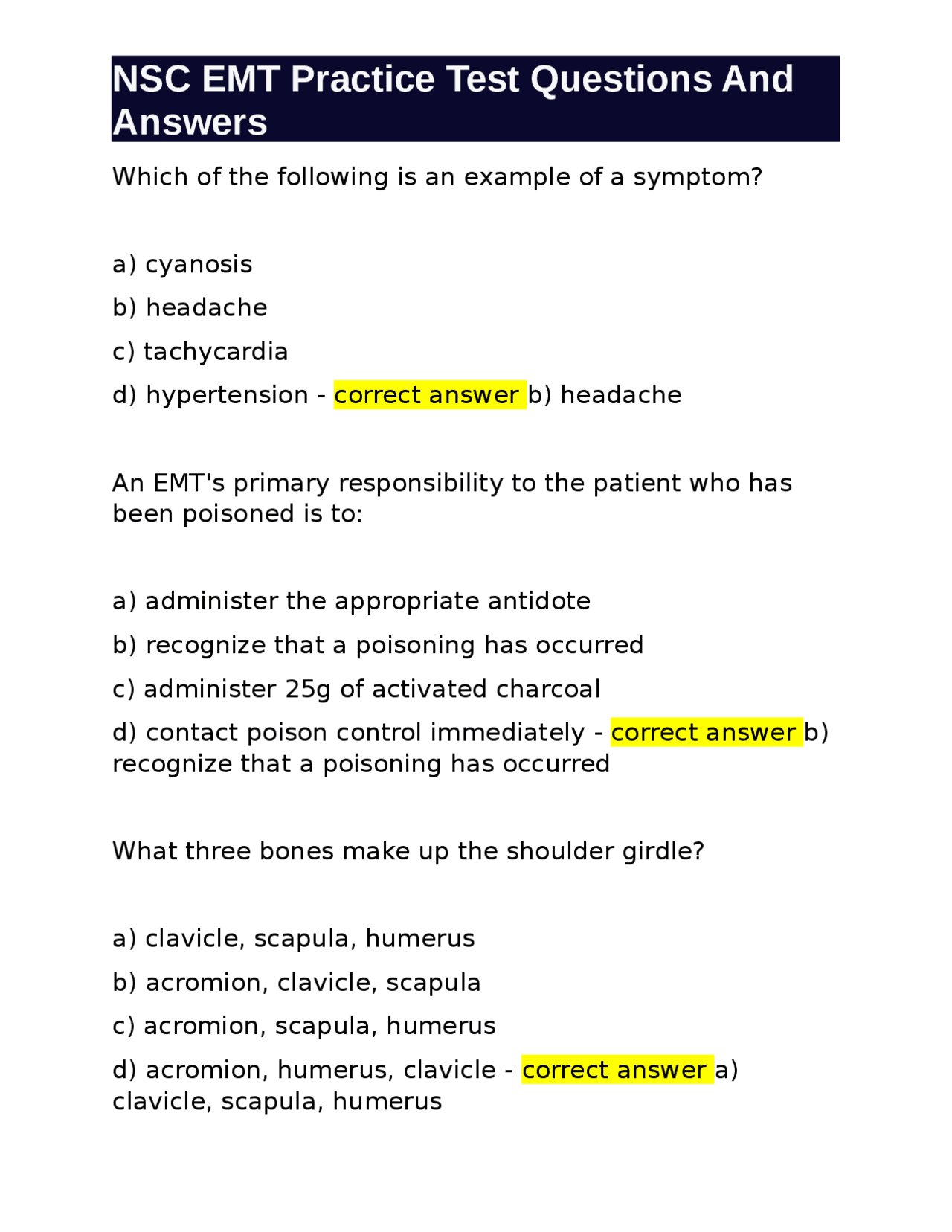 NSC EMT Practice Test Questions And Answers | Exams Medicine | Docsity