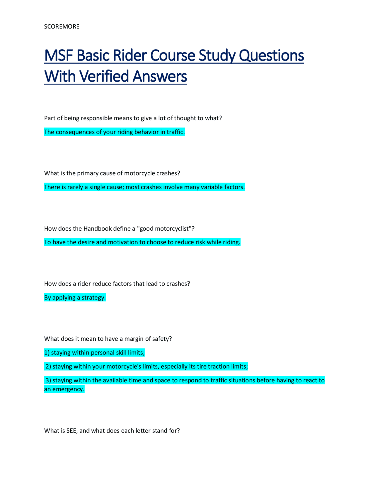 MSF Basic Rider Course Study Questions With Verified Answers | Exams ...