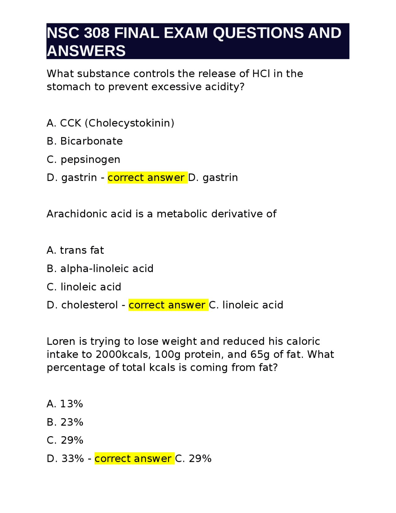 NSC 308 FINAL EXAM QUESTIONS AND ANSWERS | Exams Medicine | Docsity