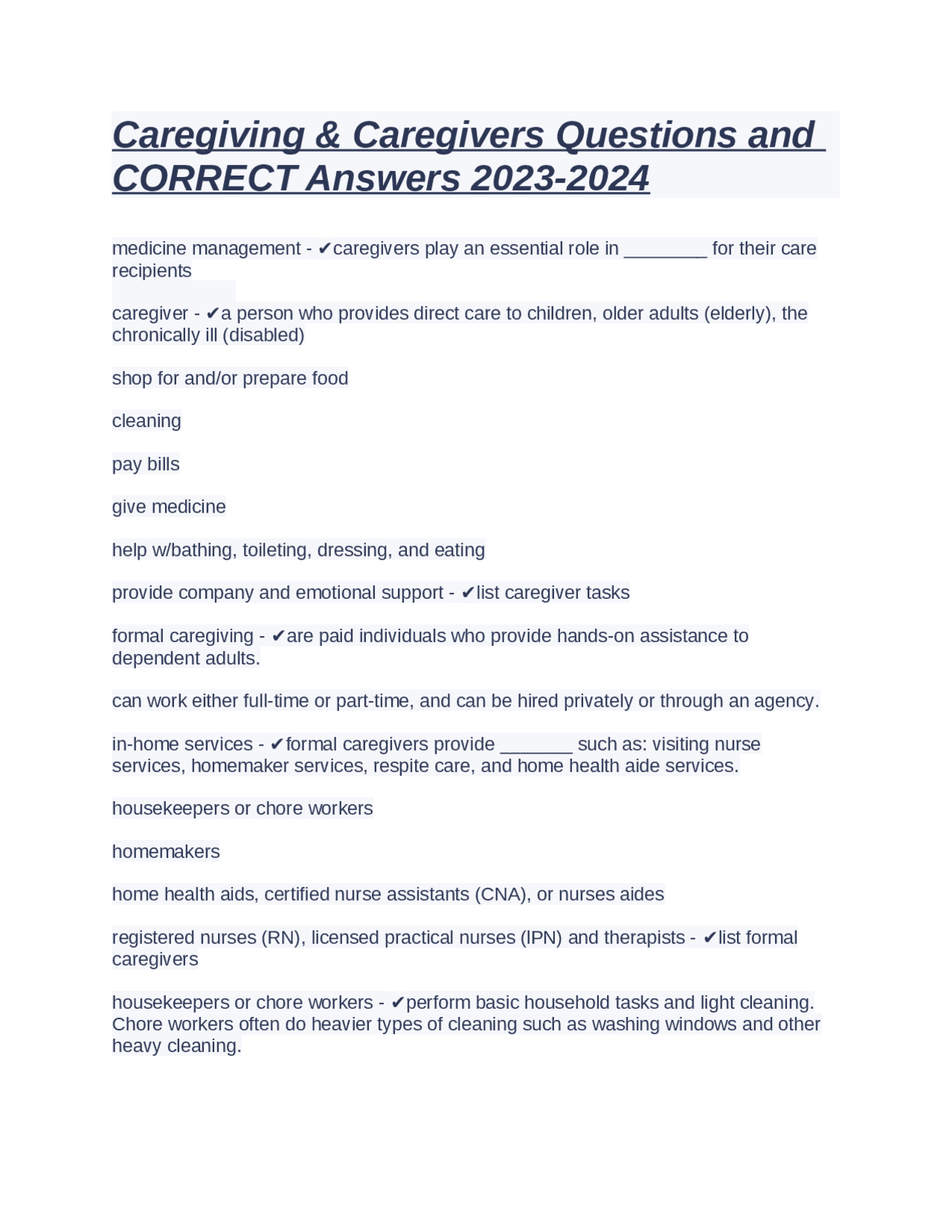 Caregiving & Caregivers Questions and CORRECT Answers 2023-2024 for ...