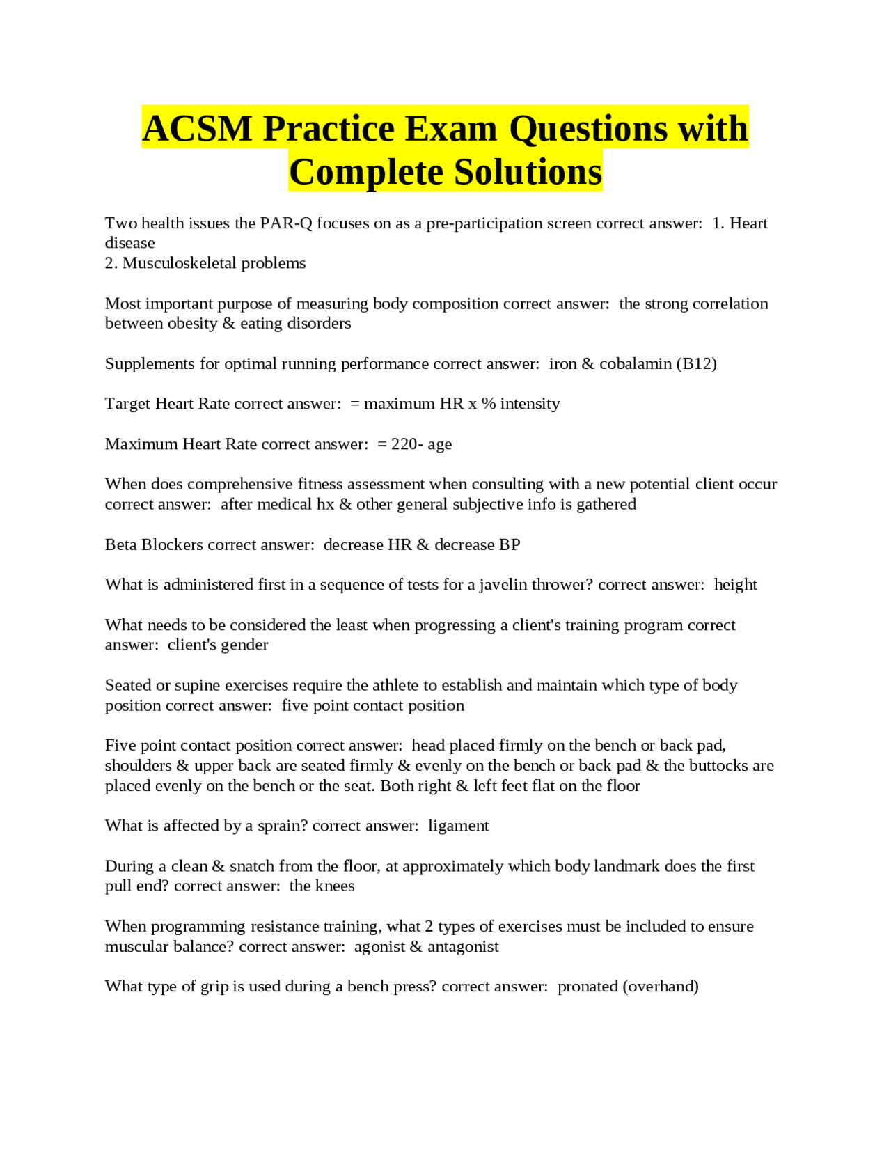 Acsm Practice Exam Questions With Complete Solutions Exams Nursing Docsity