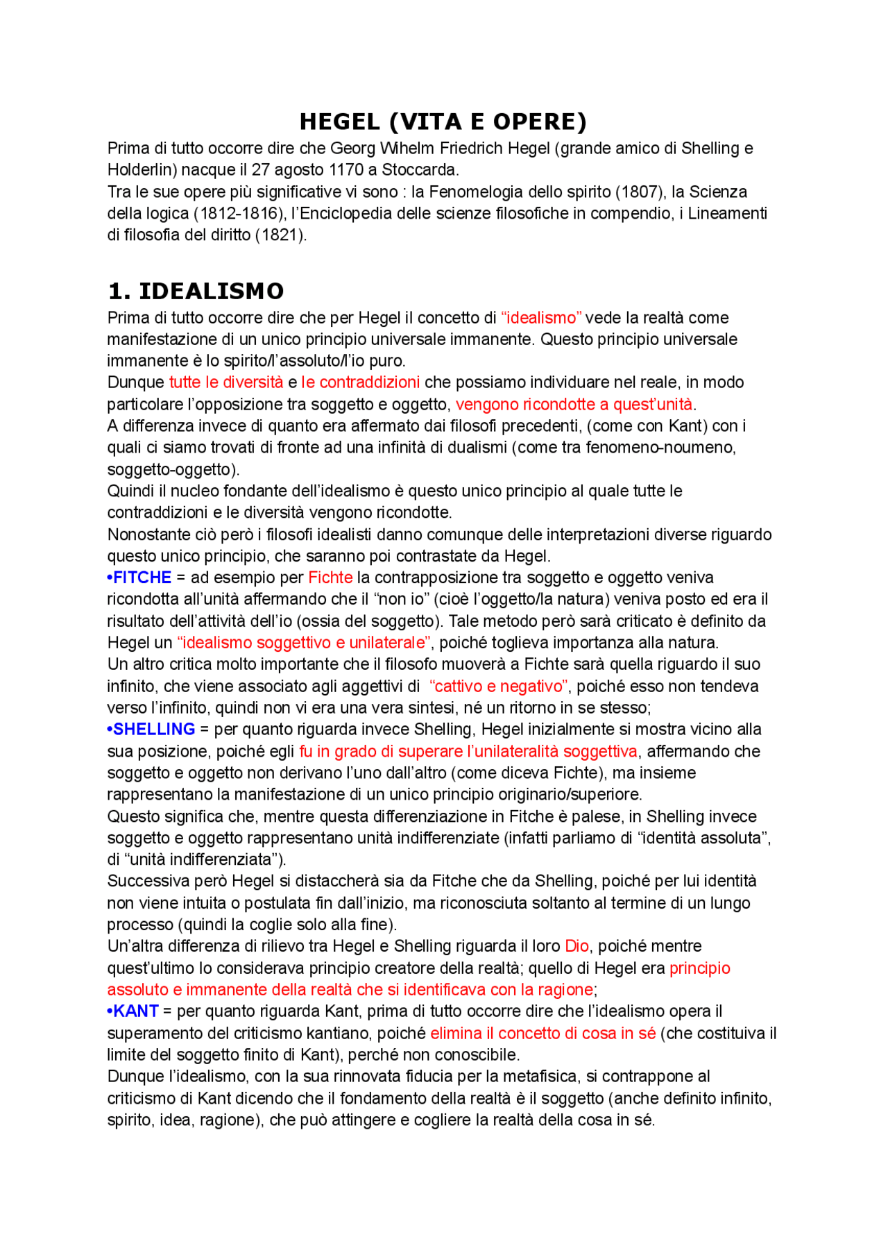 Hegel (opere e pensiero) | Appunti di Filosofia | Docsity