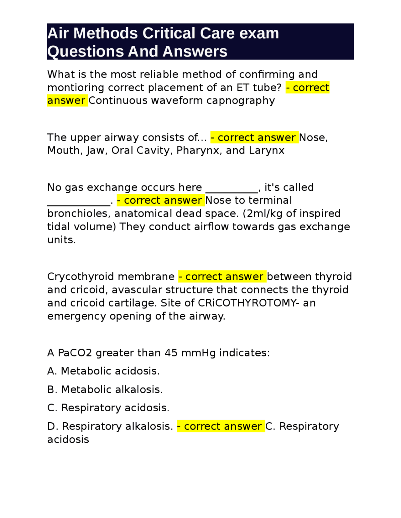 Air Methods Critical Care exam Questions And Answers | Exams Medicine ...