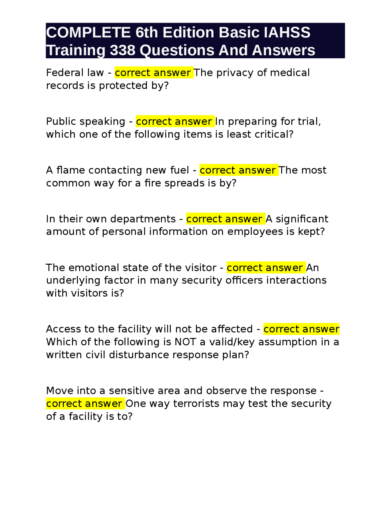 COMPLETE 6th Edition Basic IAHSS Training 338 Questions And Answers ...