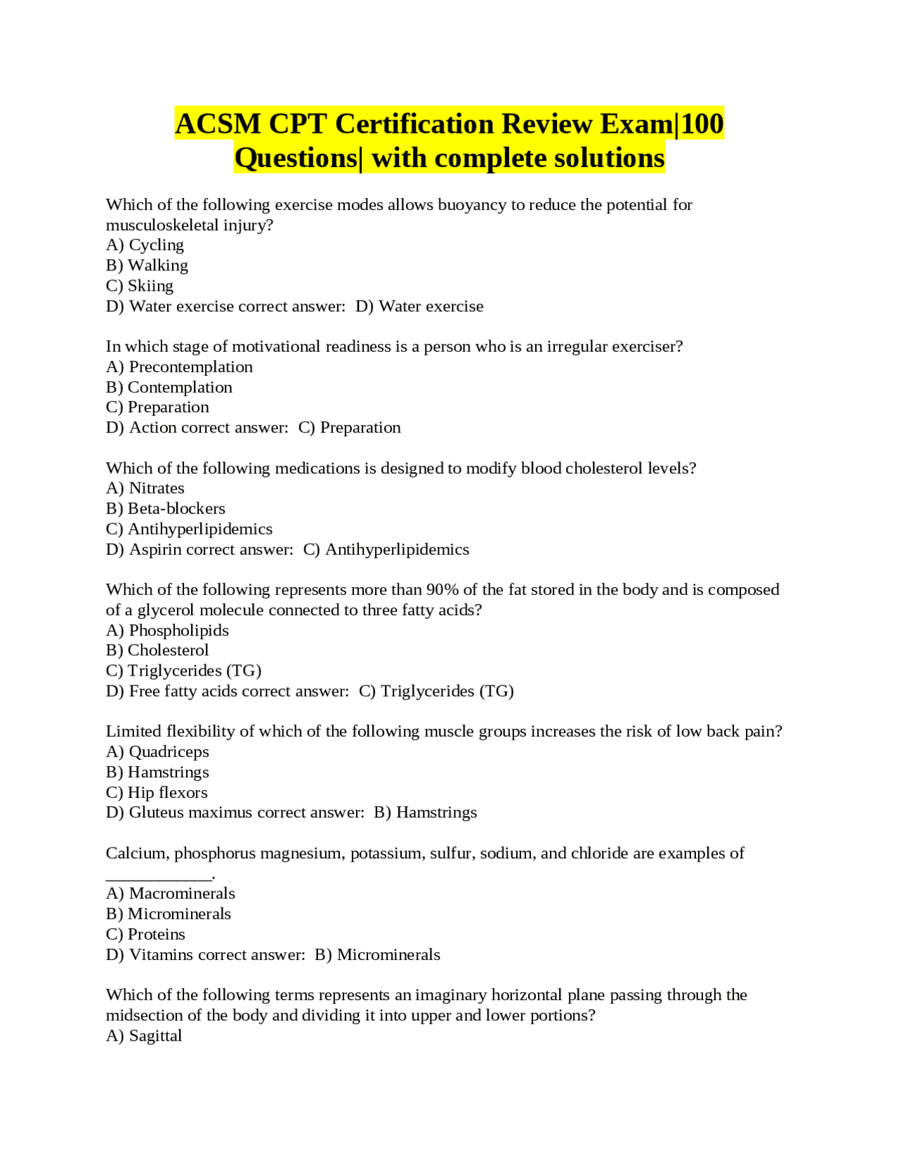 ACSM CPT Certification Review Exam 100 Questions with complete solutions | Exams Nursing | Docsity