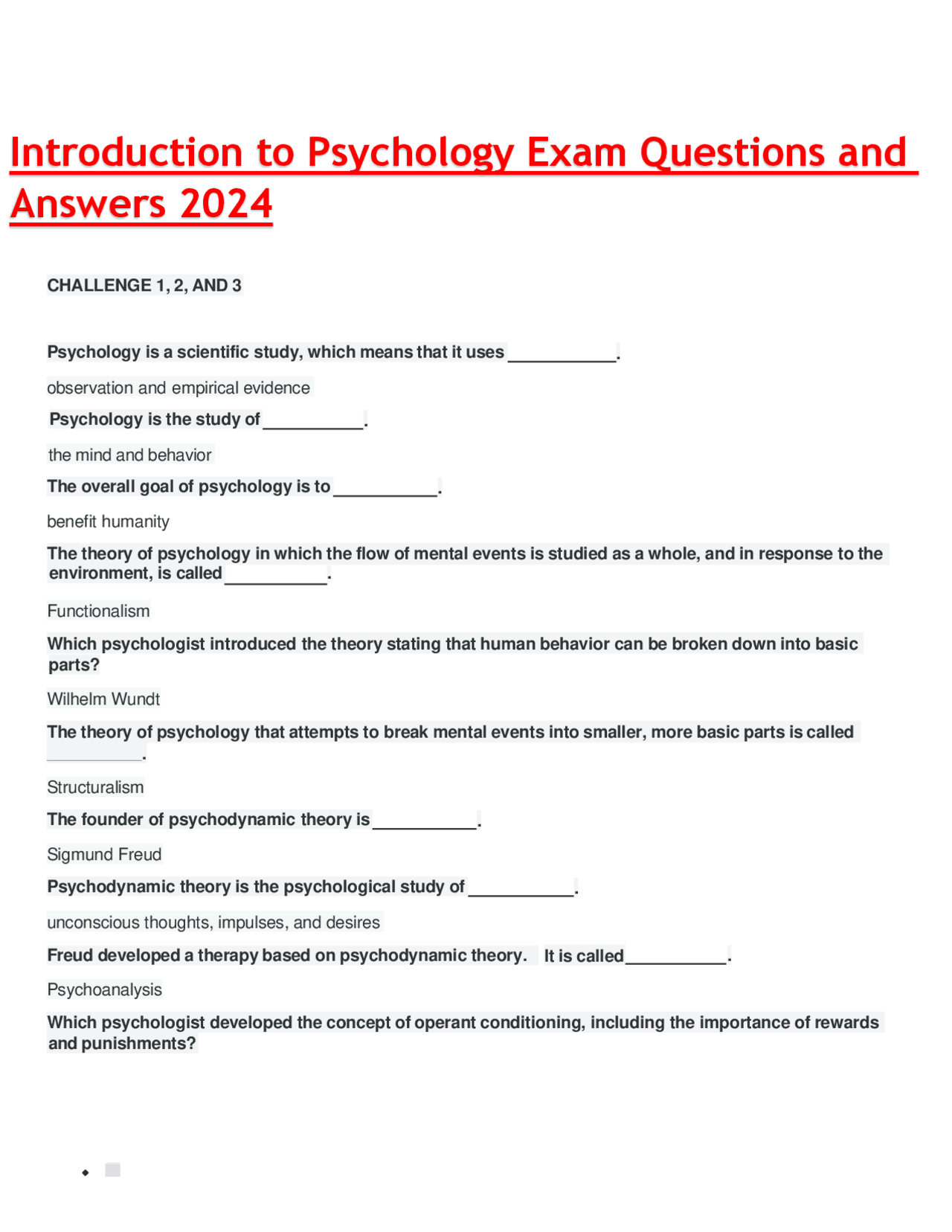 Introduction to Psychology Exam Questions and Answers 2024.pdf | Exams ...
