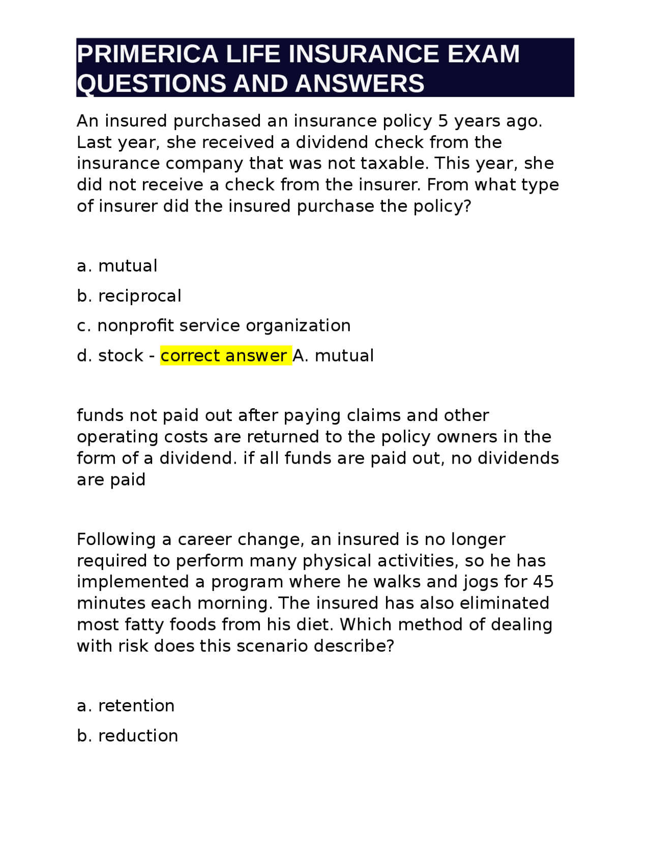 PRIMERICA LIFE INSURANCE EXAM QUESTIONS AND ANSWERS | Exams Insurance ...