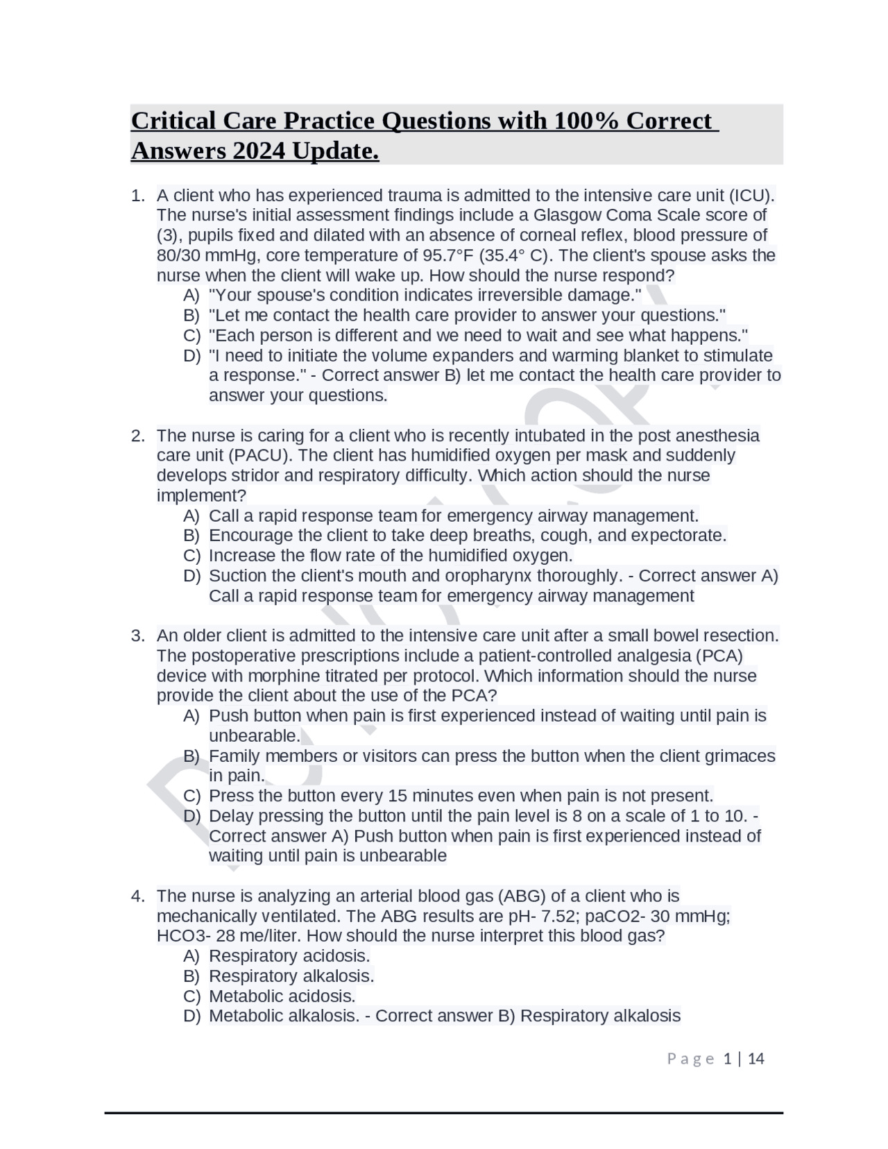 Critical Care Practice Questions with 100% Correct Answers 2024 Update ...