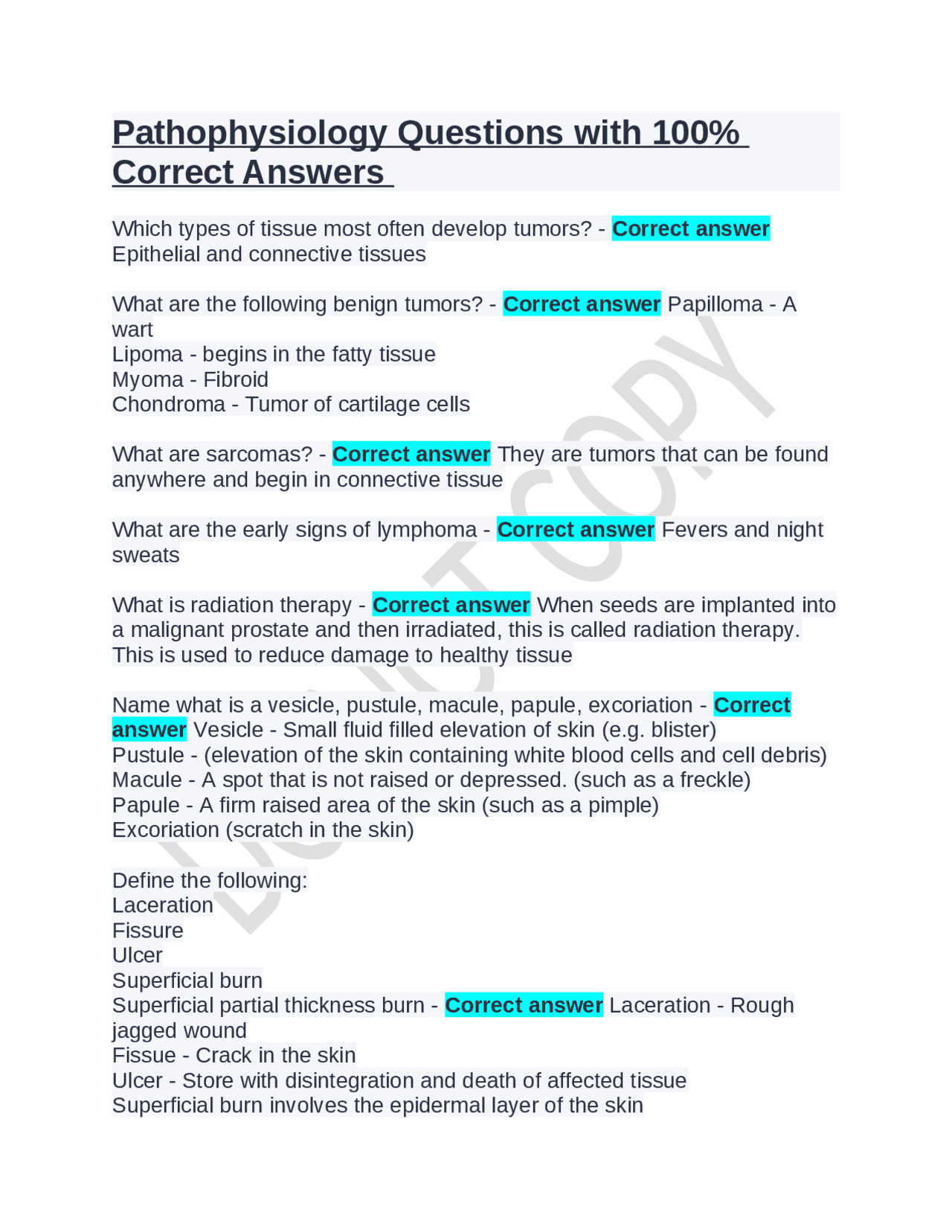 Pathophysiology Questions with 100% Correct Answers | Exams ...