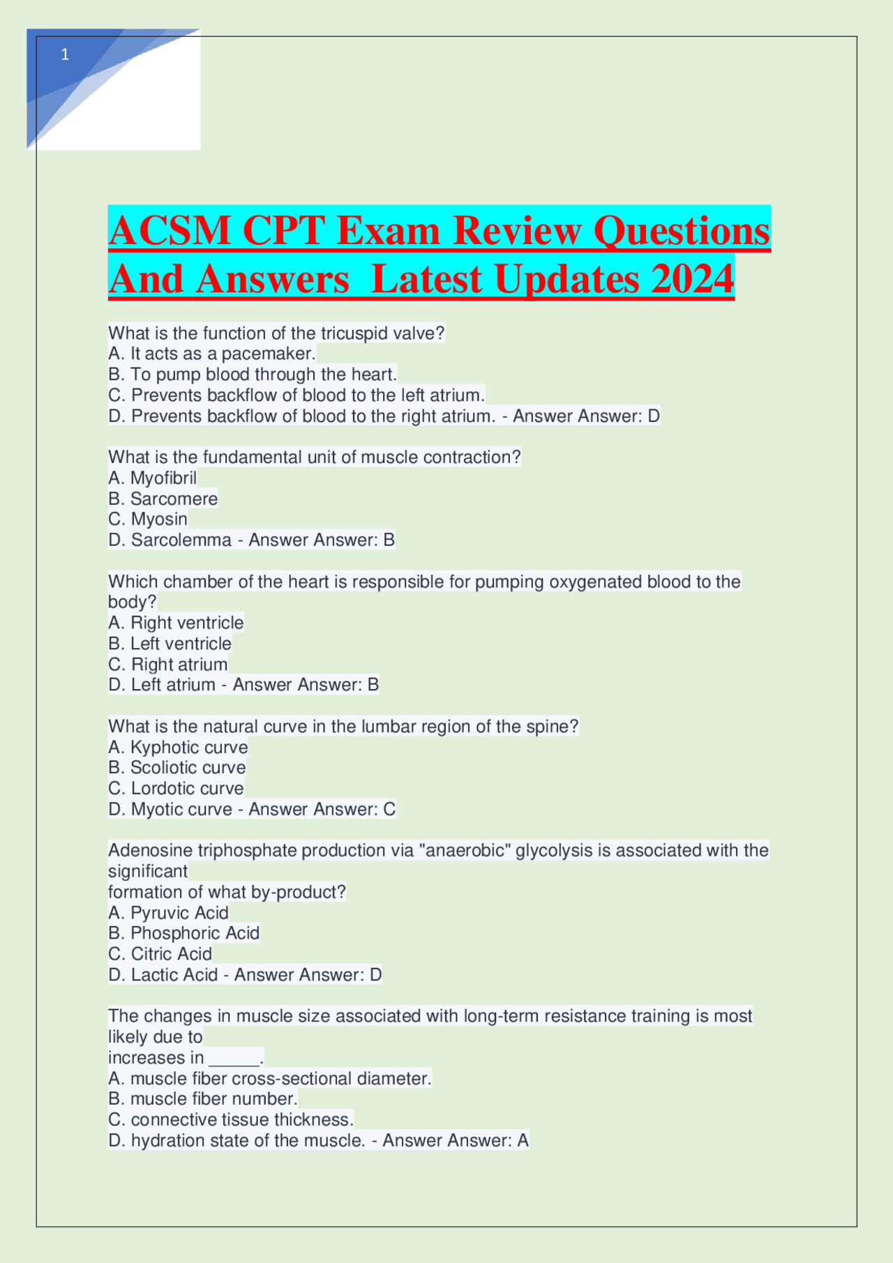 ACSM CPT Exam Review Questions And Answers Latest Updates 2024.pdf ...