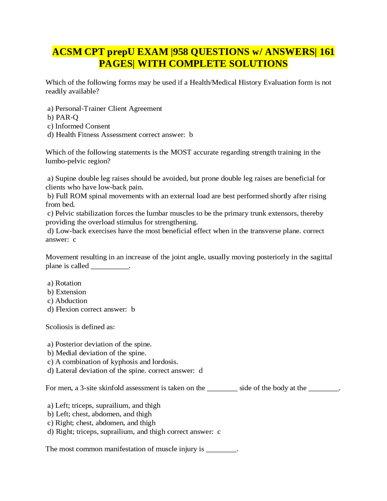ACSM CPT prepU EXAM 958 QUESTIONS w ANSWERS 161 PAGES WITH COMPLETE ...