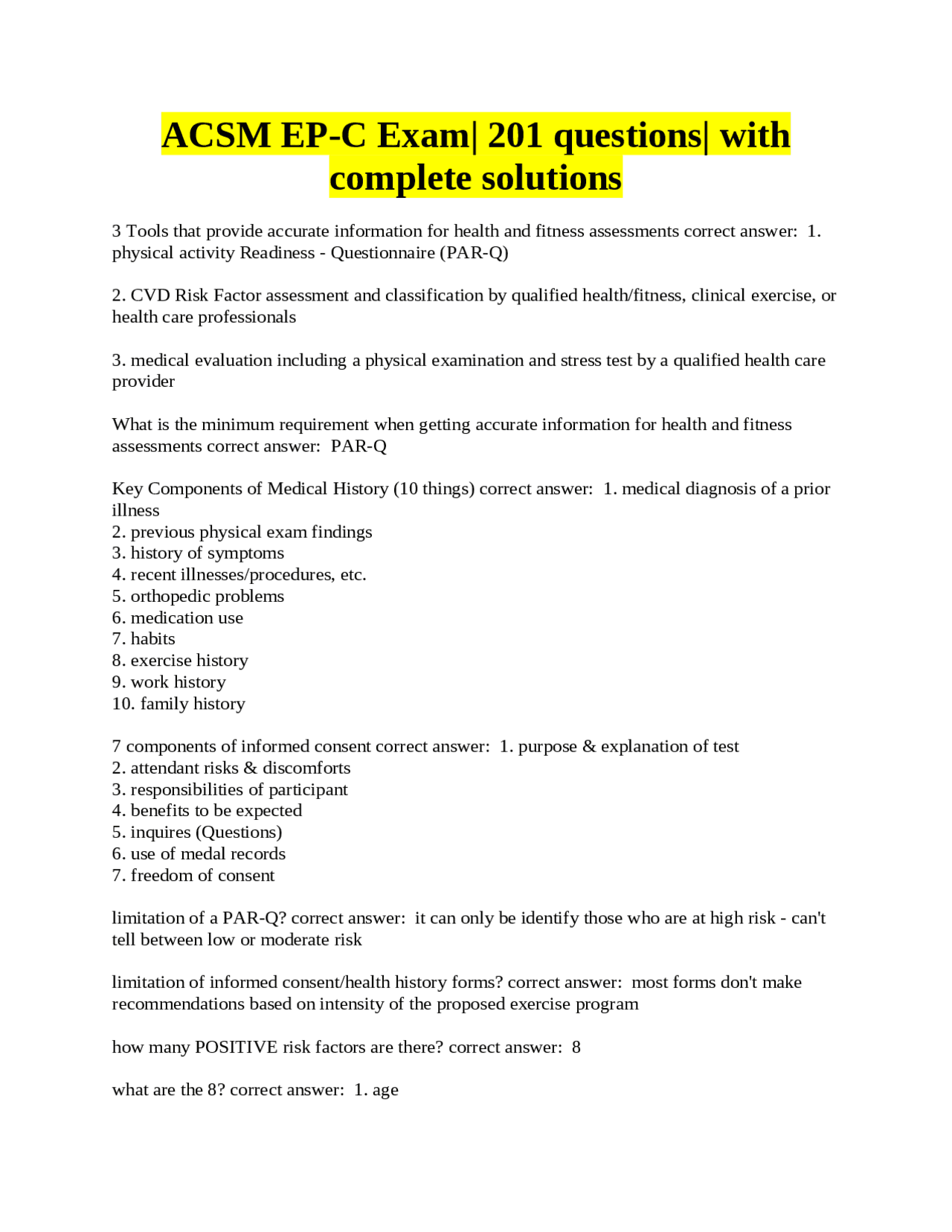 ACSM EP-C Exam 201 questions with complete solutions | Exams Nursing | Docsity
