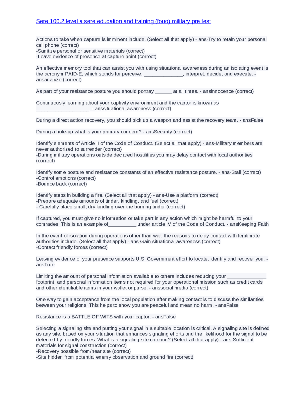 Sere 100.2 level a sere education and training (fouo) military pre test ...