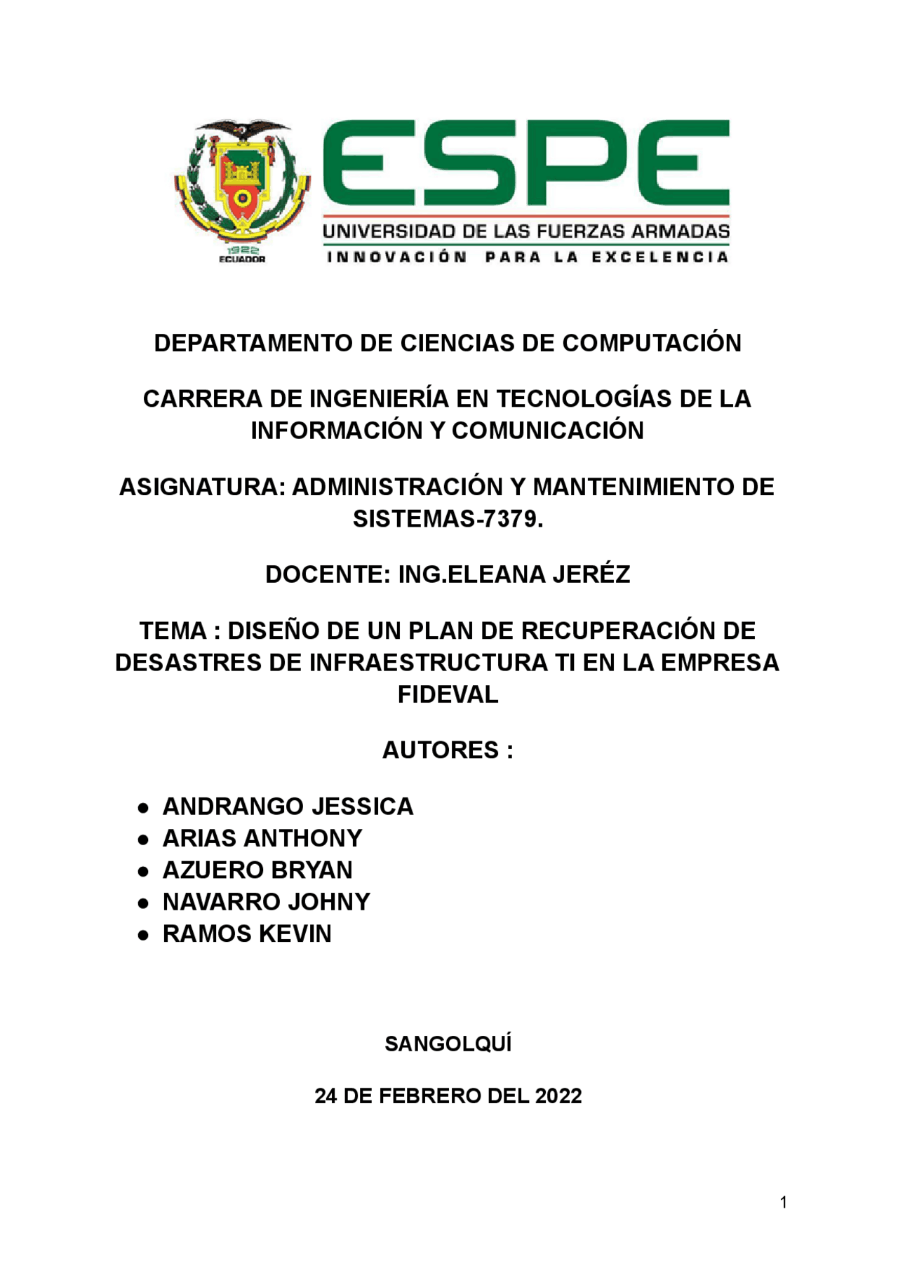 DISEÑO DE UN PLAN DE RECUPERACIÓN DE DESASTRES DE INFRAESTRUCTURA TI EN ...