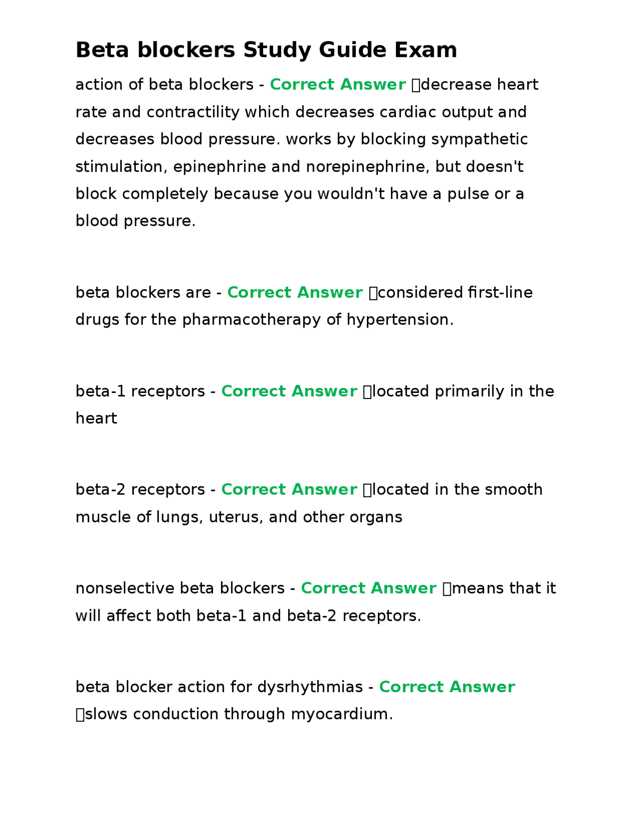 Beta blockers Study Guide Exam | Exams Nursing | Docsity