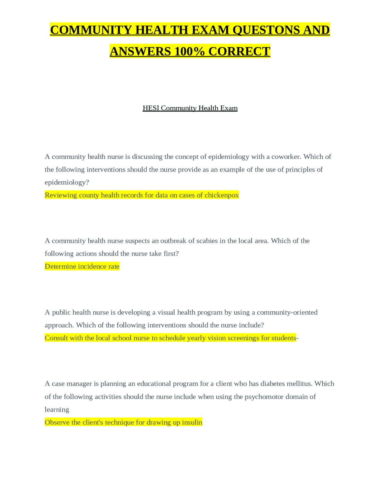 COMMUNITY HEALTH EXAM QUESTONS AND ANSWERS 100% CORRECT | Exams Nursing ...