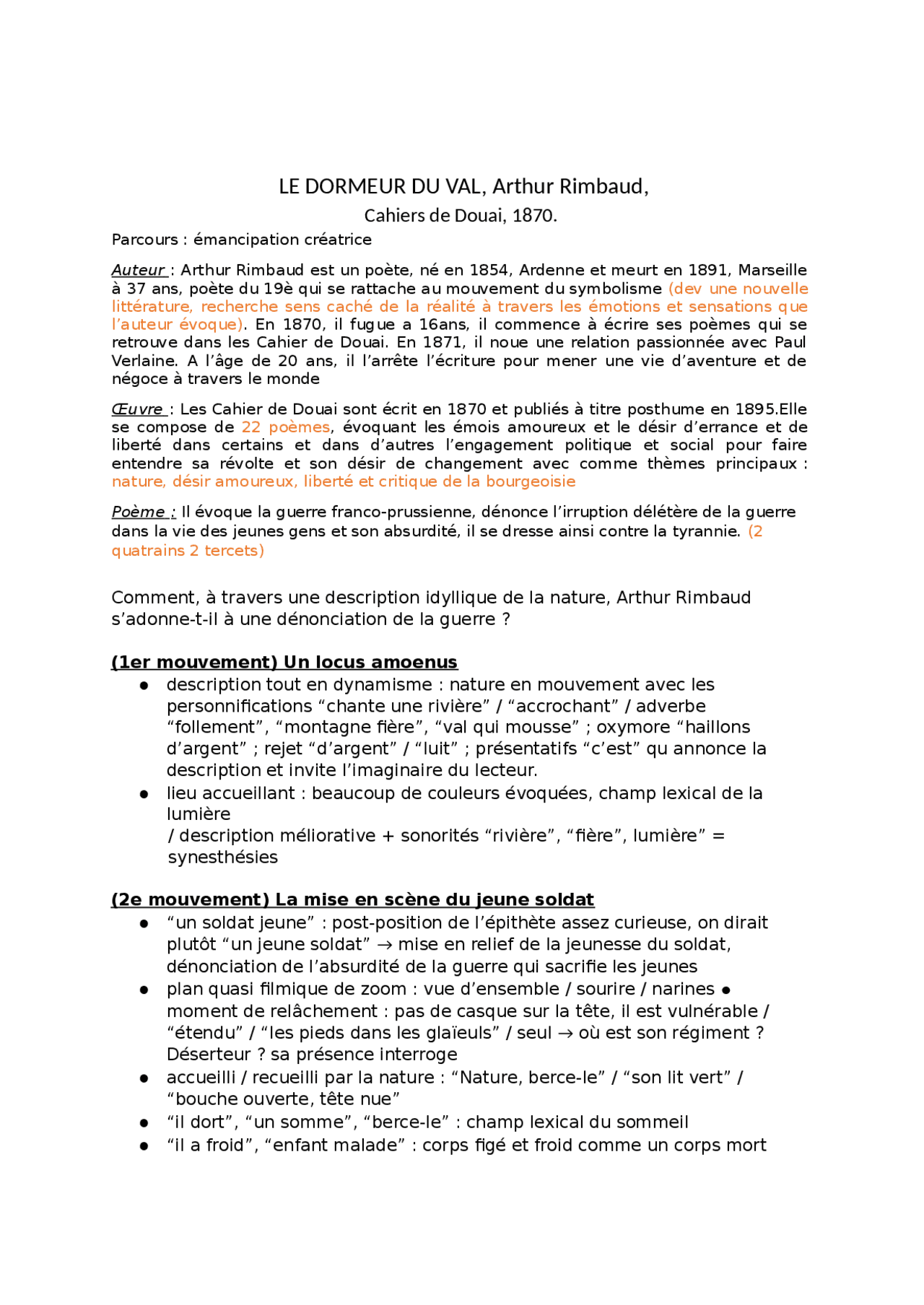 etude linéaire sur le dormeur du val permettant d'analyser le document ...