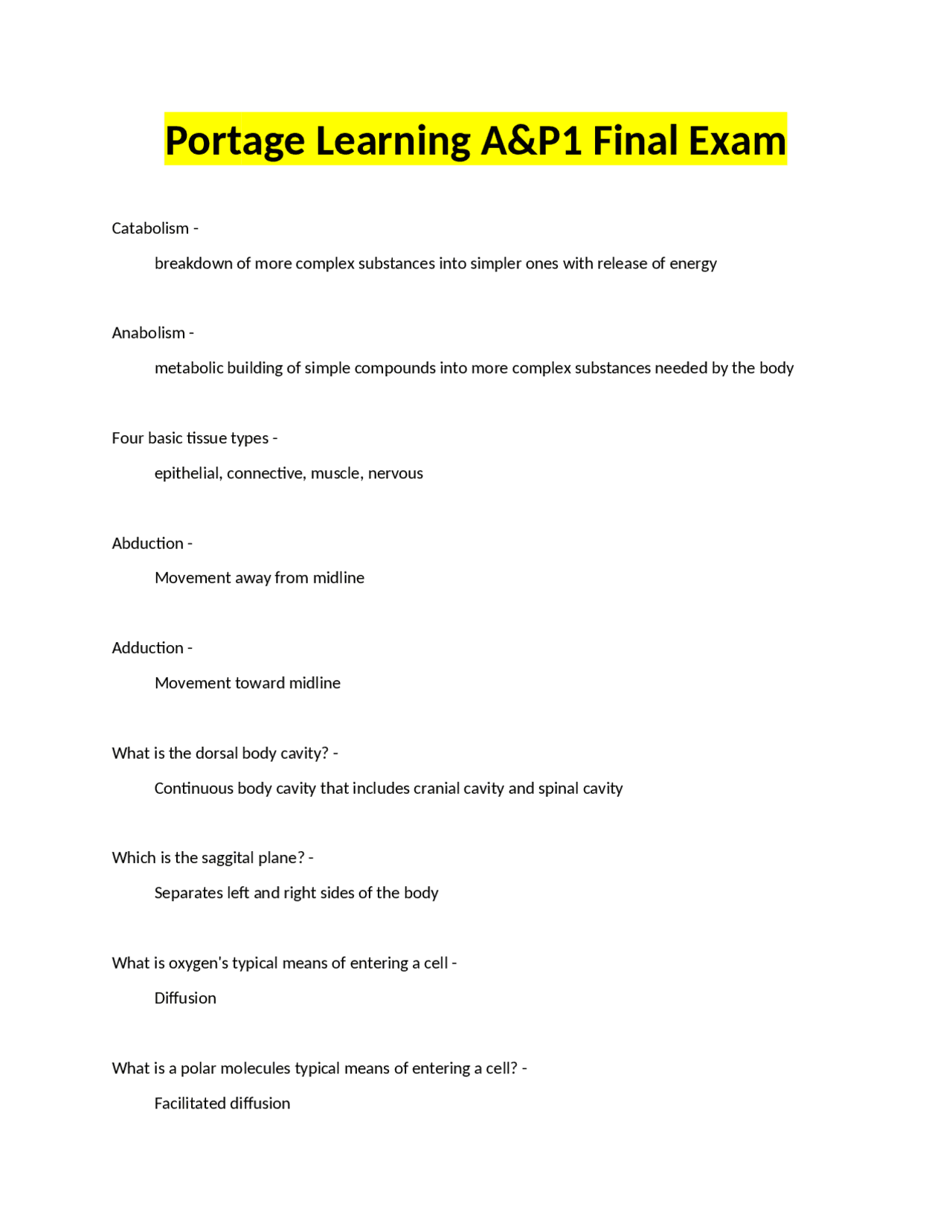 Portage Learning A&P1 Final Exam | Exams Nursing | Docsity