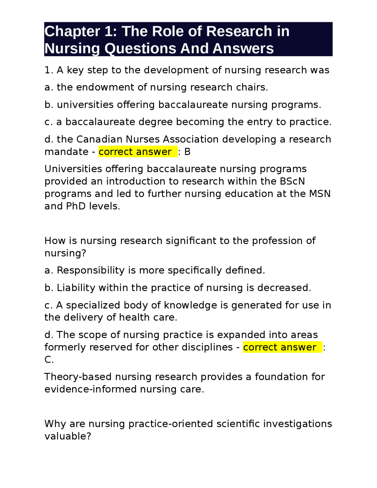 Chapter 1: The Role of Research in Nursing Questions And Answers ...