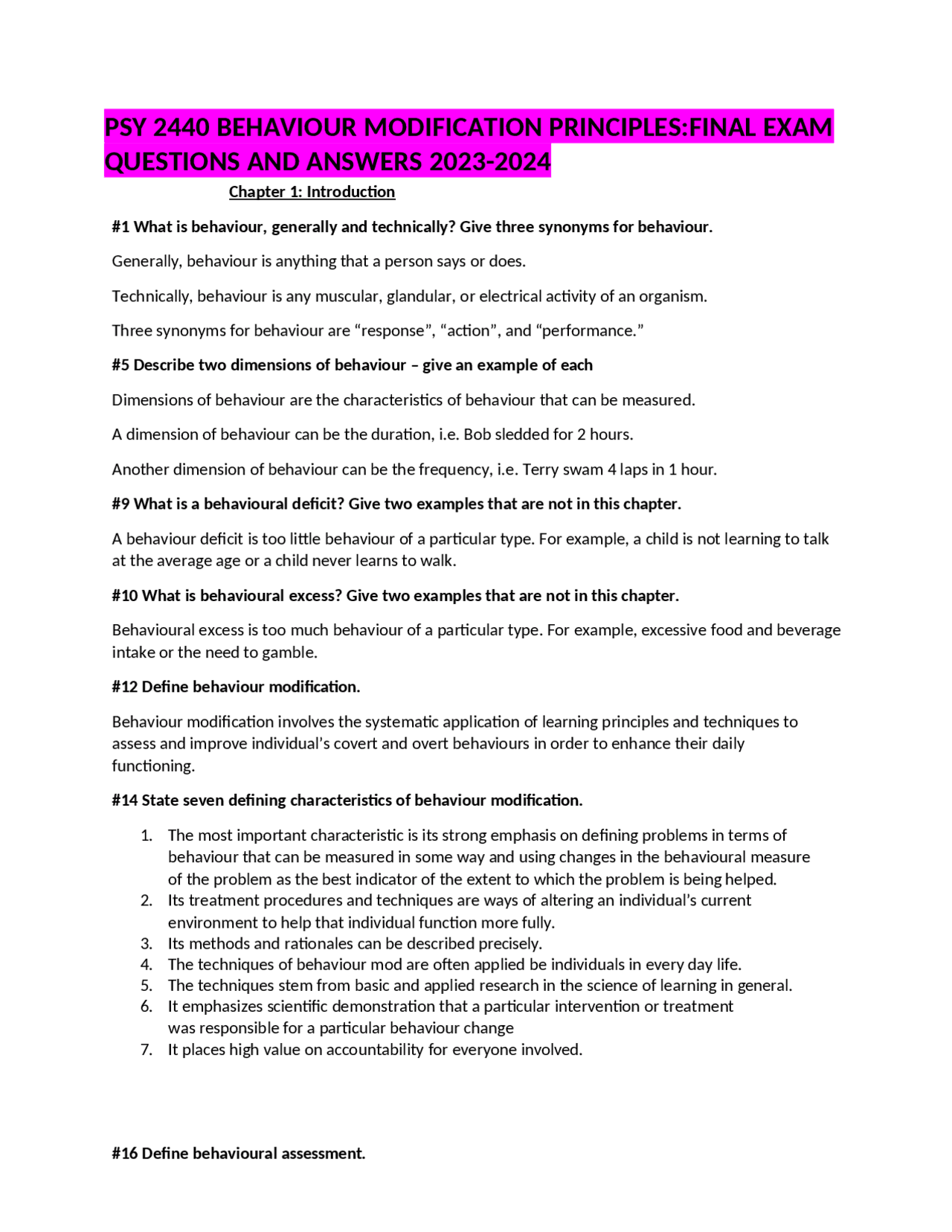 Behavior Modification Principles: Final Exam Answers for PSY 2440 ...