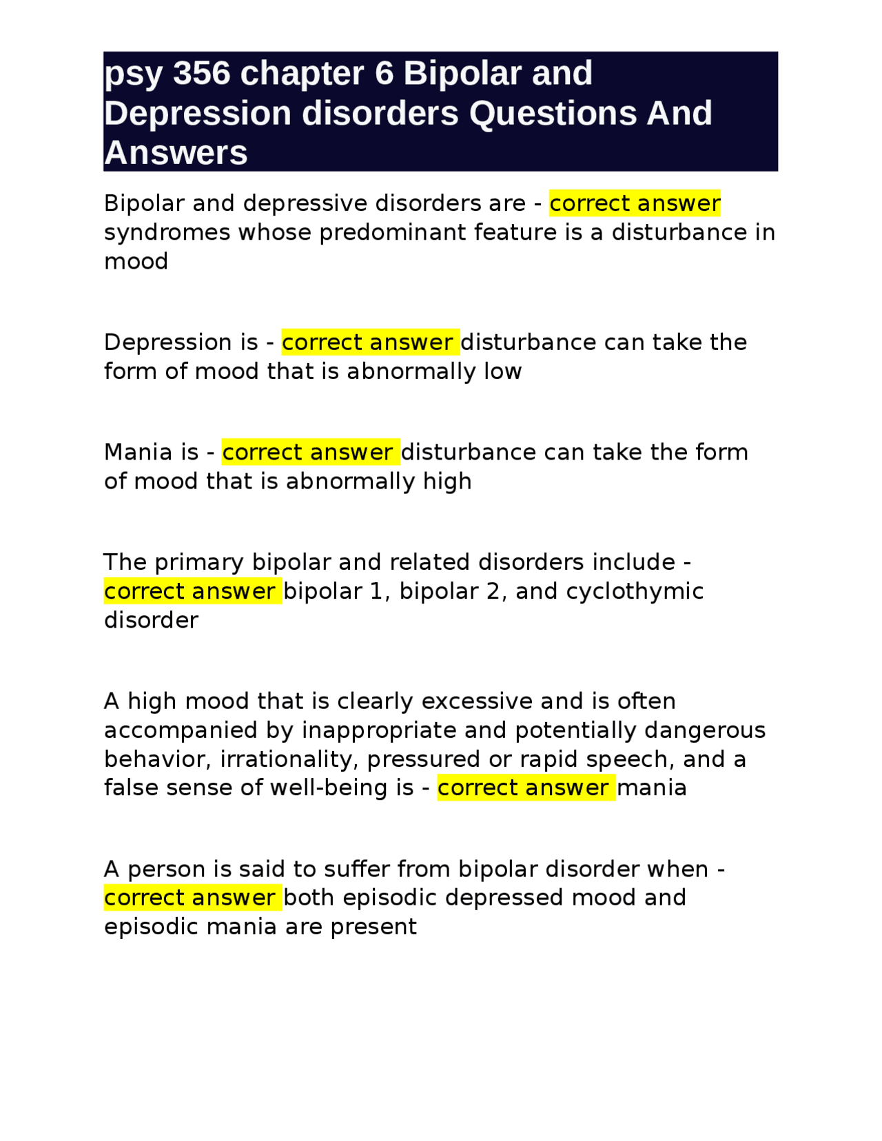 Bipolar and Depression Disorders: Questions and Answers | Exams ...