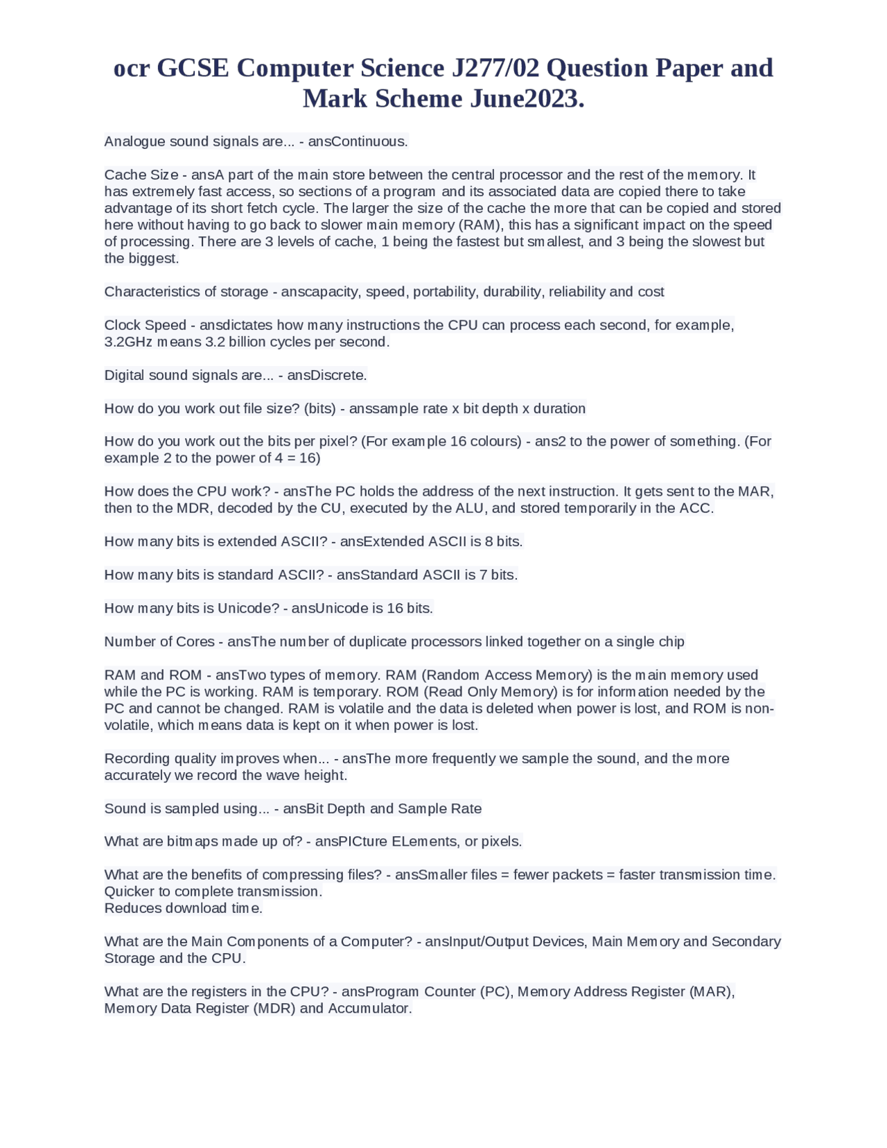 ocr GCSE Computer Science J277/02 Question Paper and Mark Scheme June2023. | Exams Computer ...