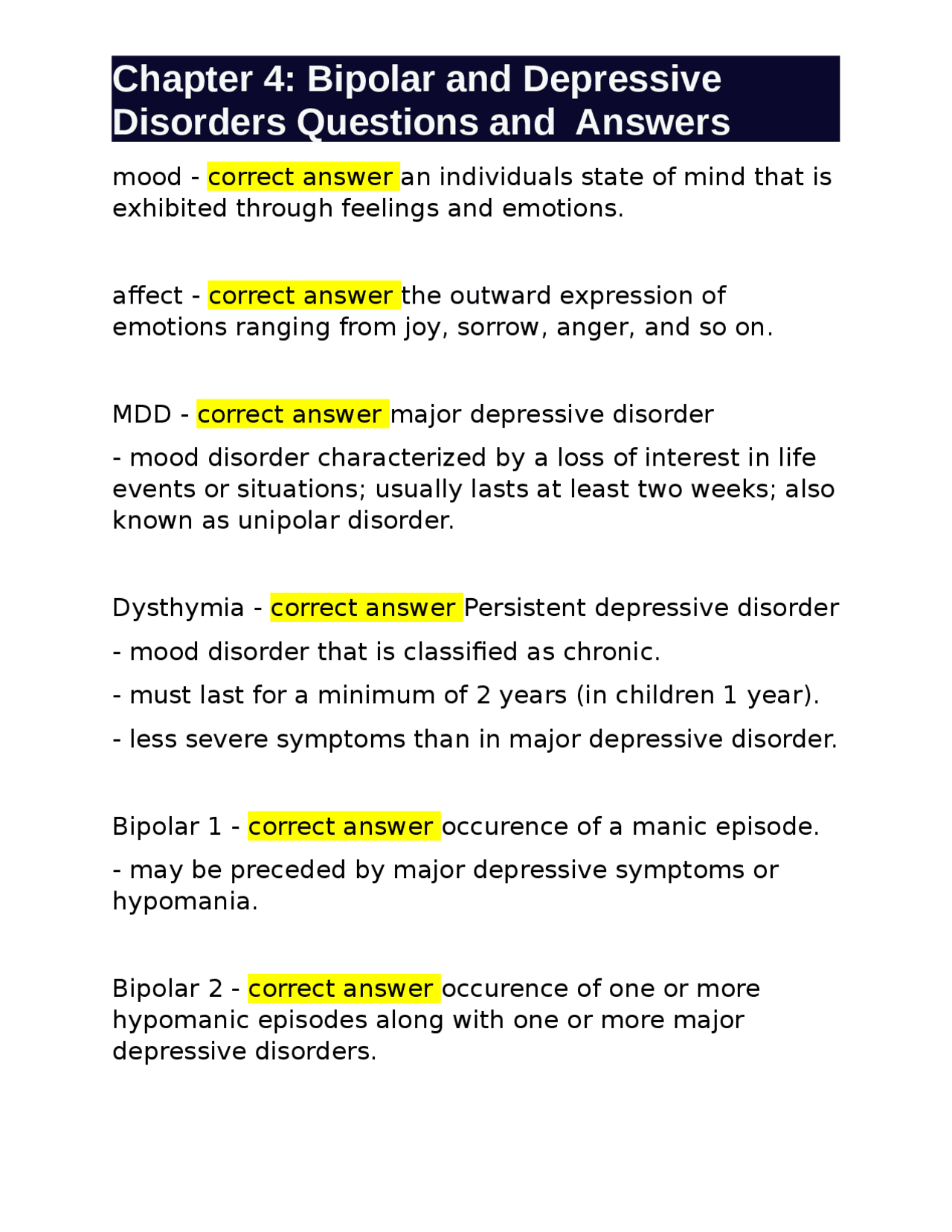 Chapter 4: Bipolar and Depressive Disorders - Questions and Answers ...