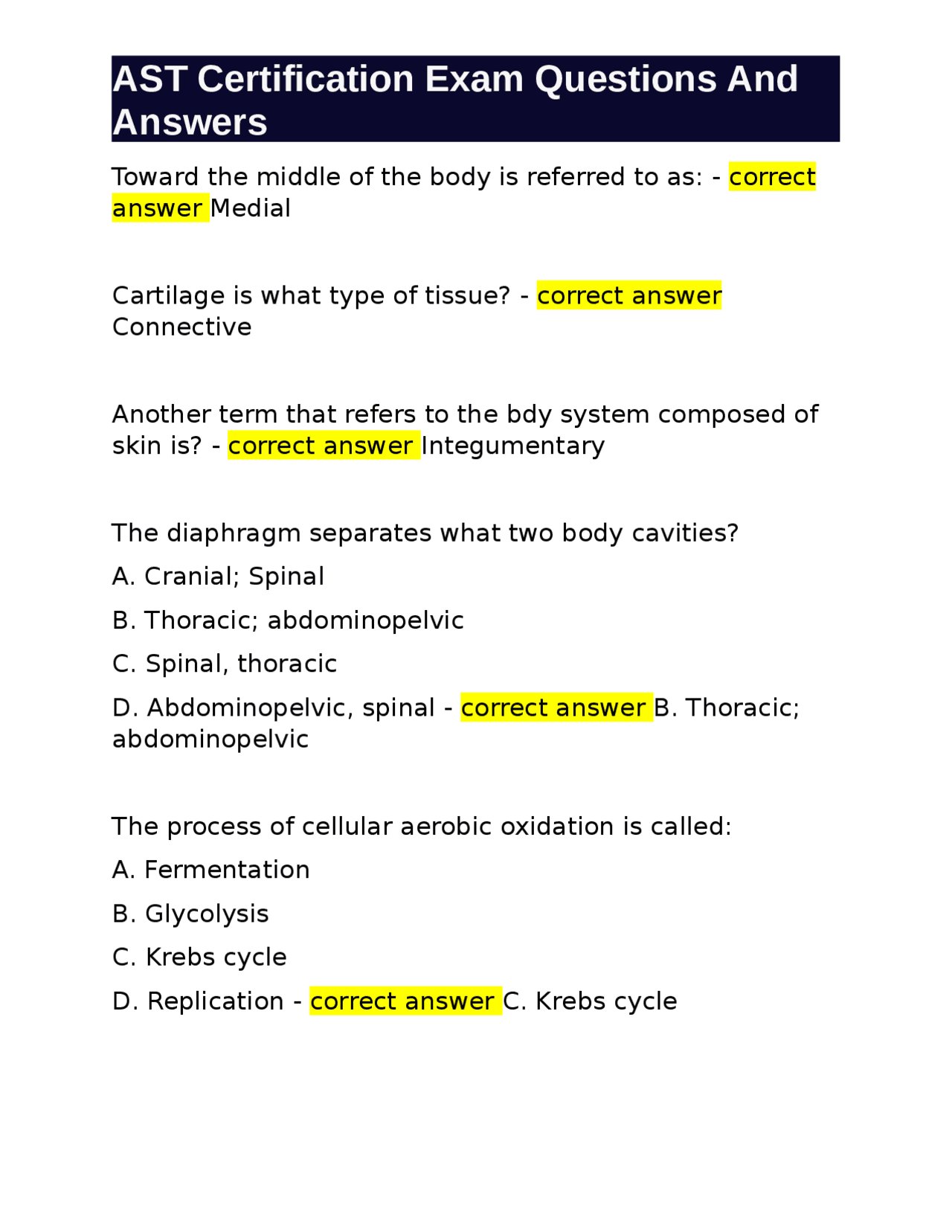 Ast Certification Exam Questions And Answers Exams Medicine Docsity