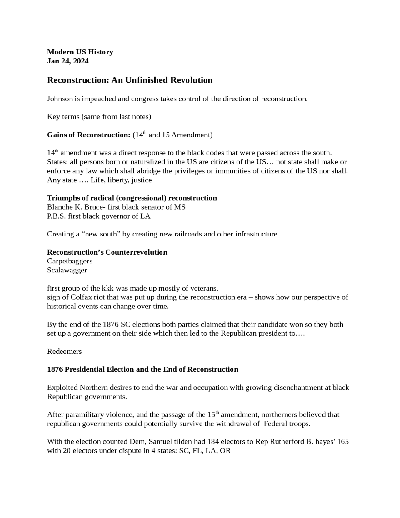 Modern US History notes | Lecture notes History | Docsity